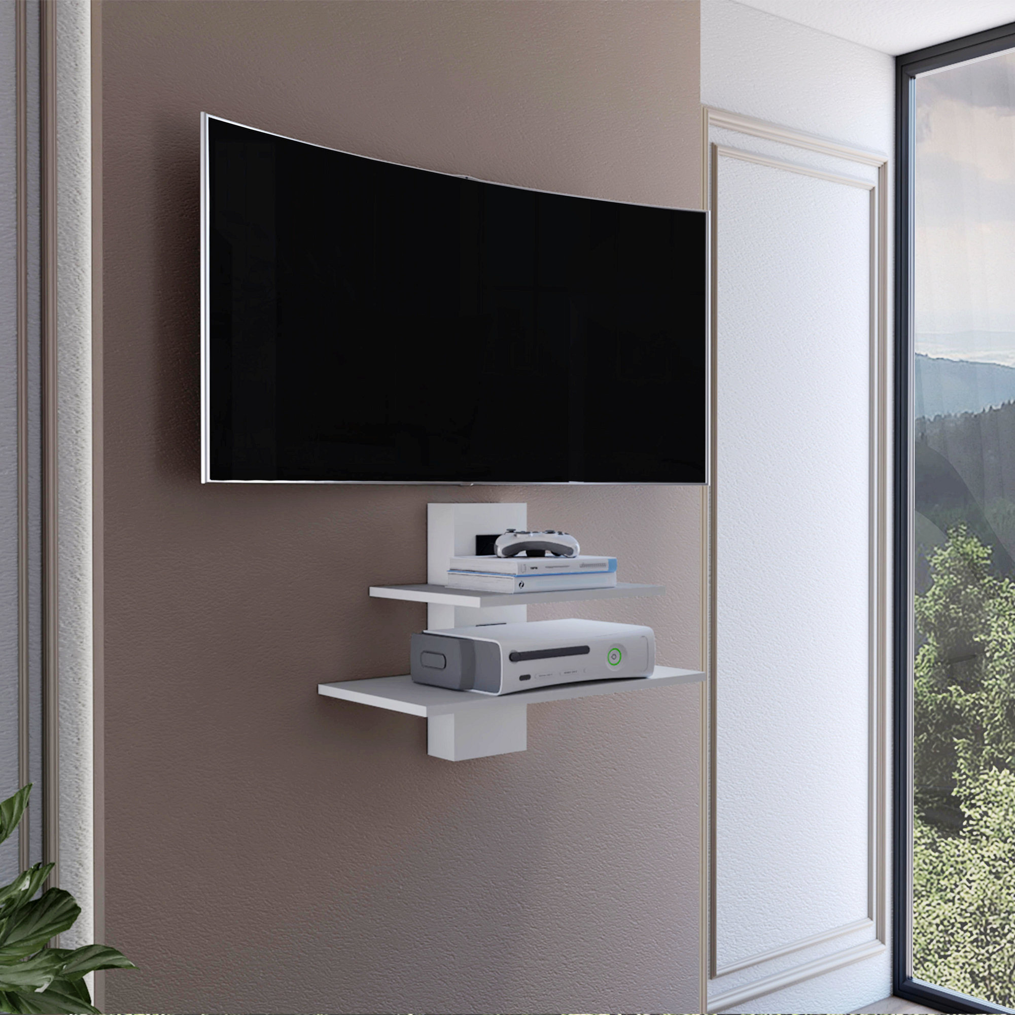 Ebern Designs Floating Shelf, 2 Tier-Shelf Wall Unit with Cable ...