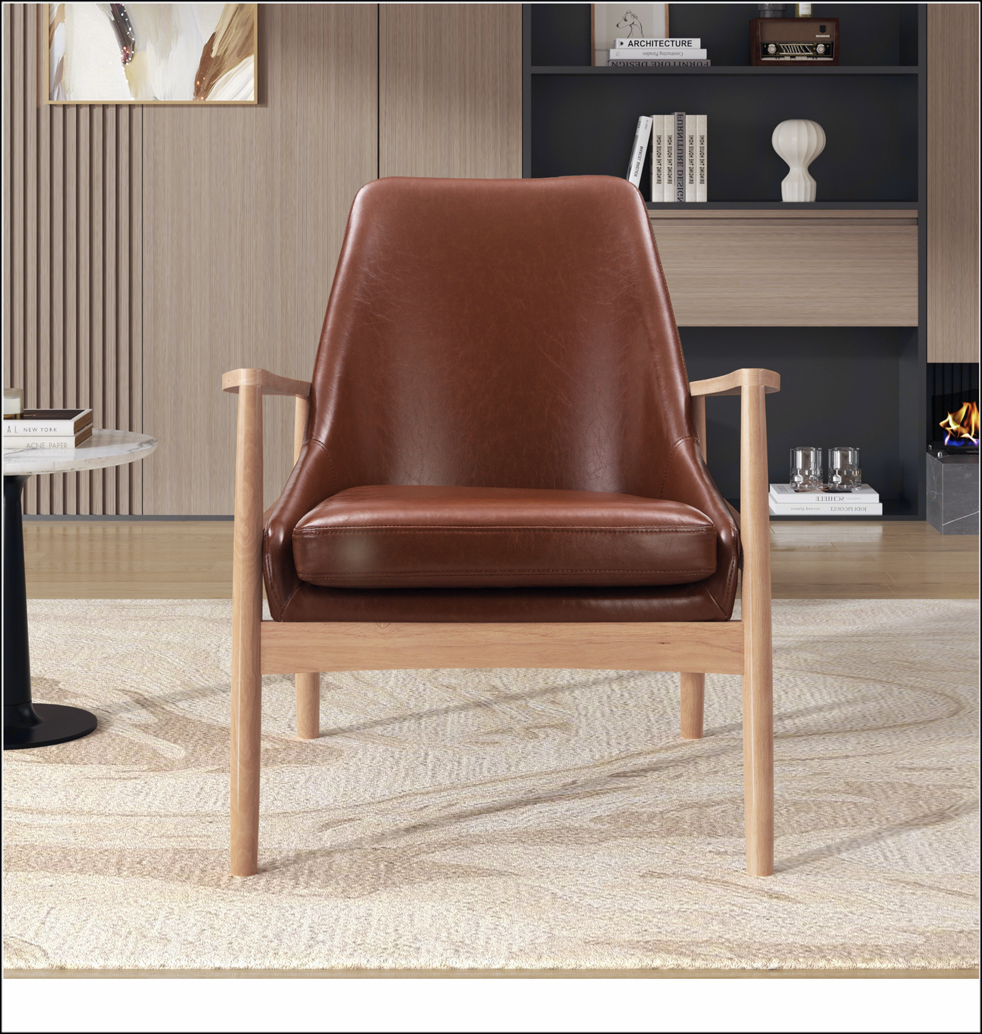 George Oliver U-Can PU Leather Accent Chair, Mid-Century Modern Armchair with Solid Wood Frame ...