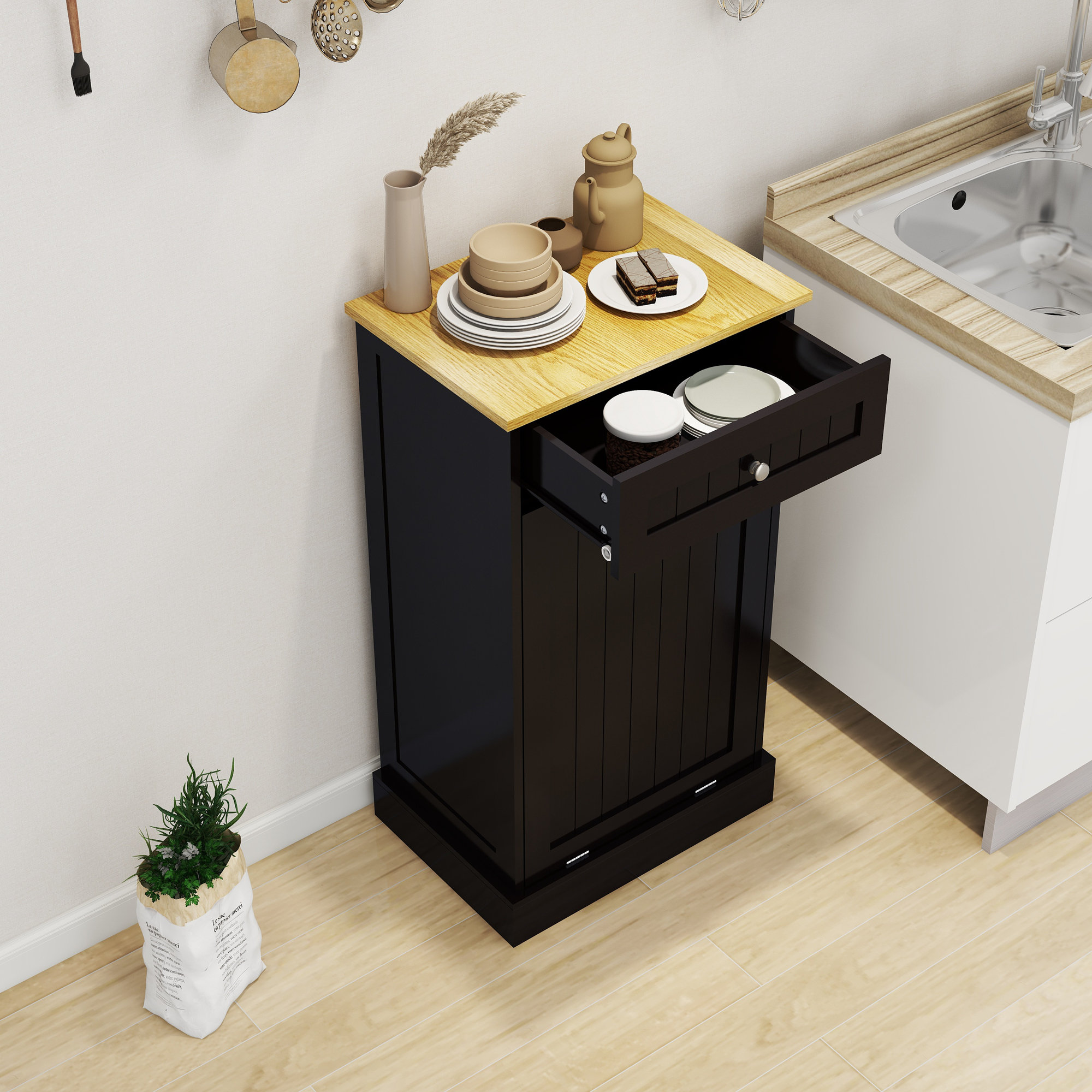 Winston Porter One Drawers and One-Compartment Tilt-Out Trash Cabinet ...