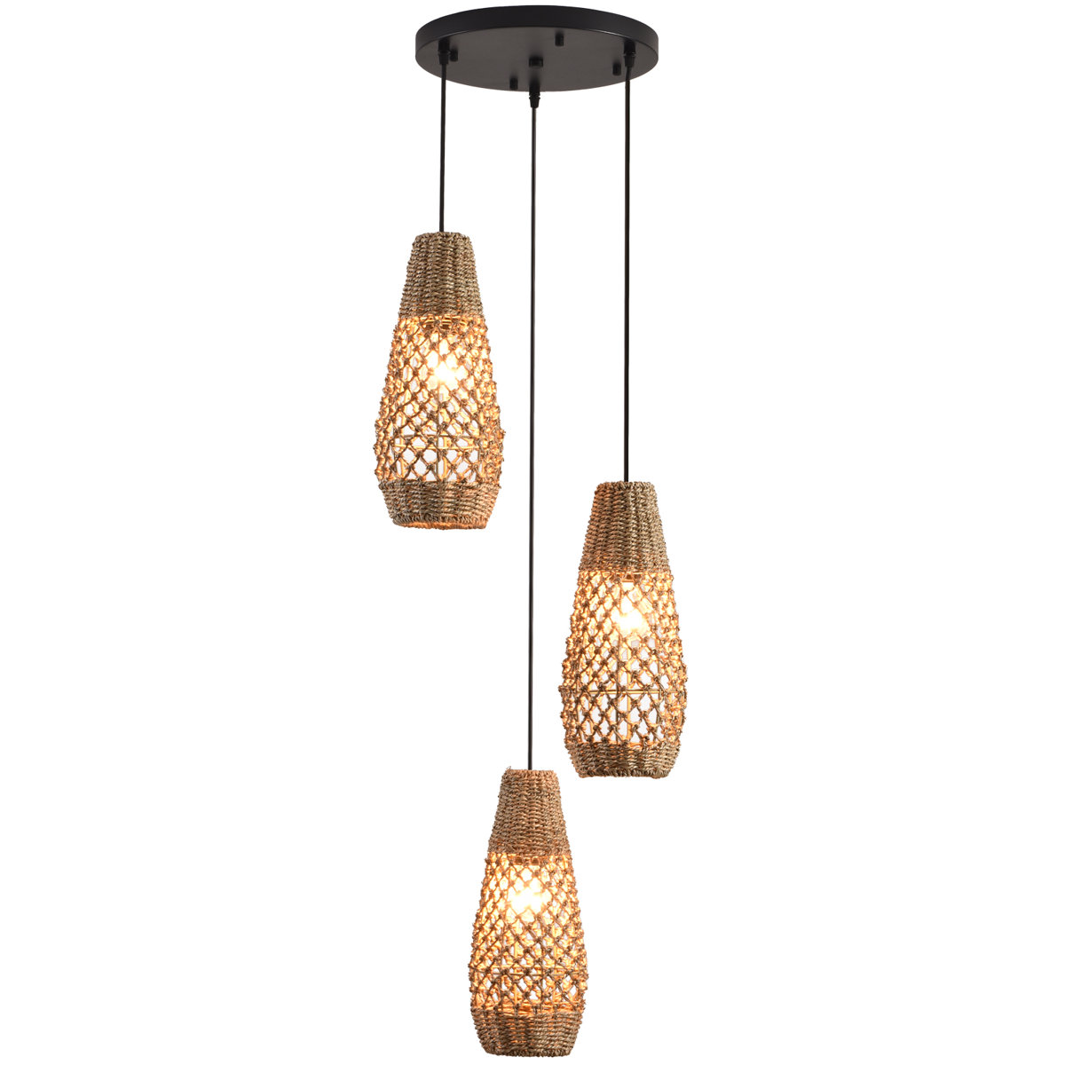 Bayou Breeze Camesha 3-Light Rattan Pendant Light,Rustic Hand-Woven ...