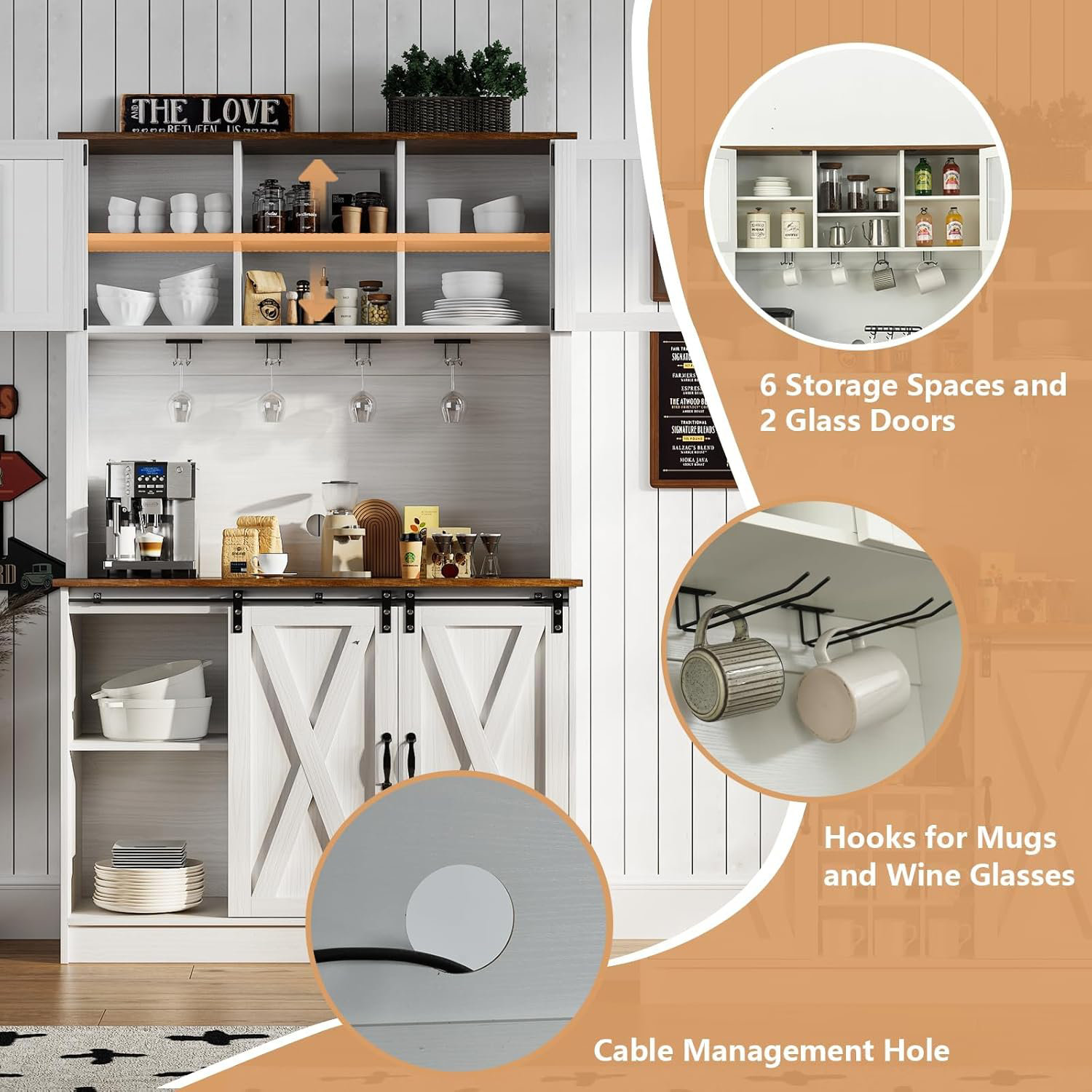 Gracie Oaks Coffee Bar Cabinet with 2 Glass Doors, White Cabinet, Tall ...