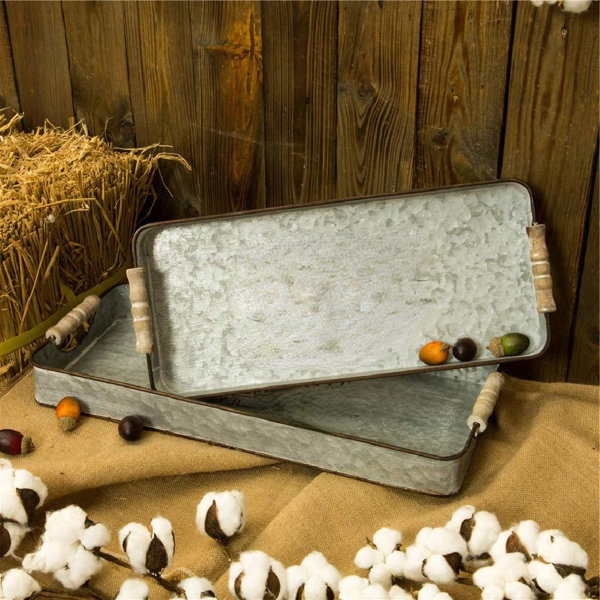 August Grove® Rustic Galvanized Tray With Handles Set Of 2 Farmhouse ...
