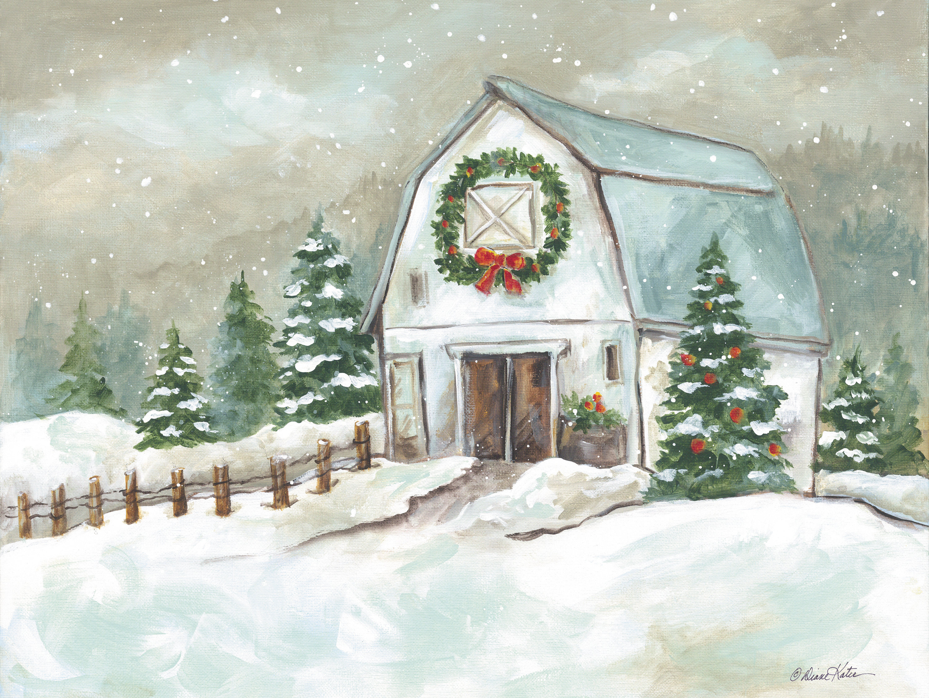 The Holiday Aisle® Christmas Barn On Canvas by Diane Kater Print | Wayfair