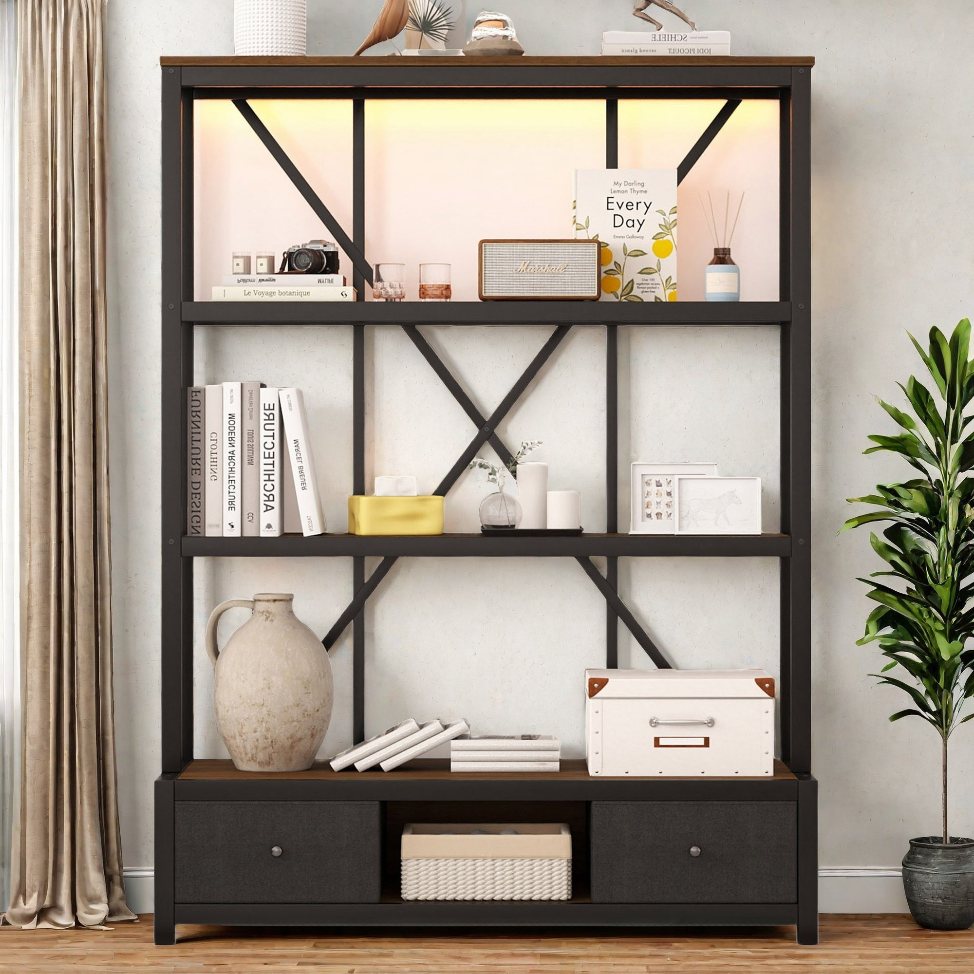 17 Stories 3-shelf Metal Open Bookcase With 2 Drawers And Led | Wayfair