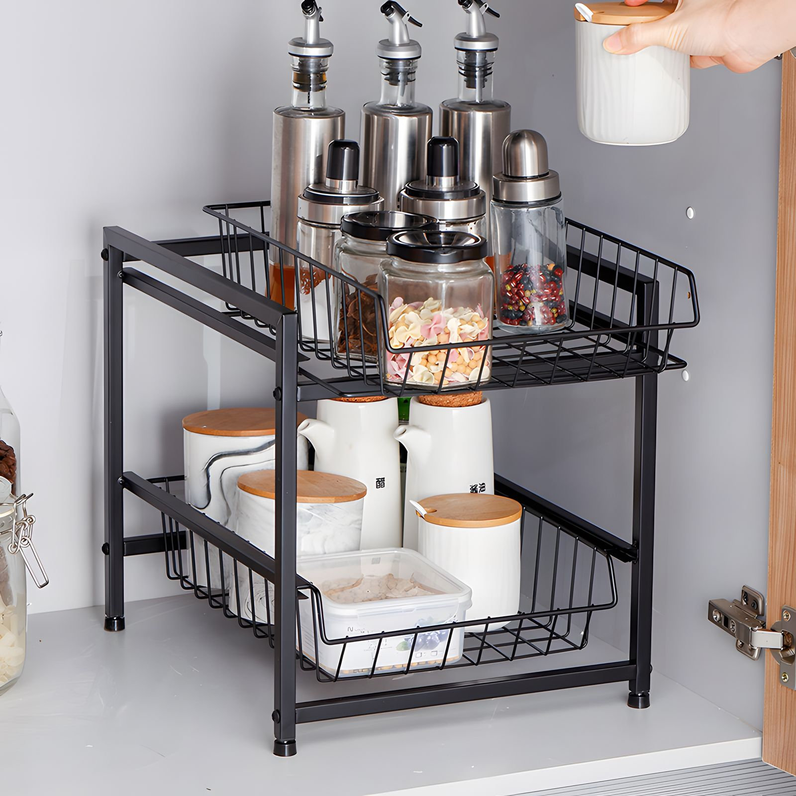 Ivy Bronx Two-Tier Sliding Basket Organizer – Durable Black Kitchen ...