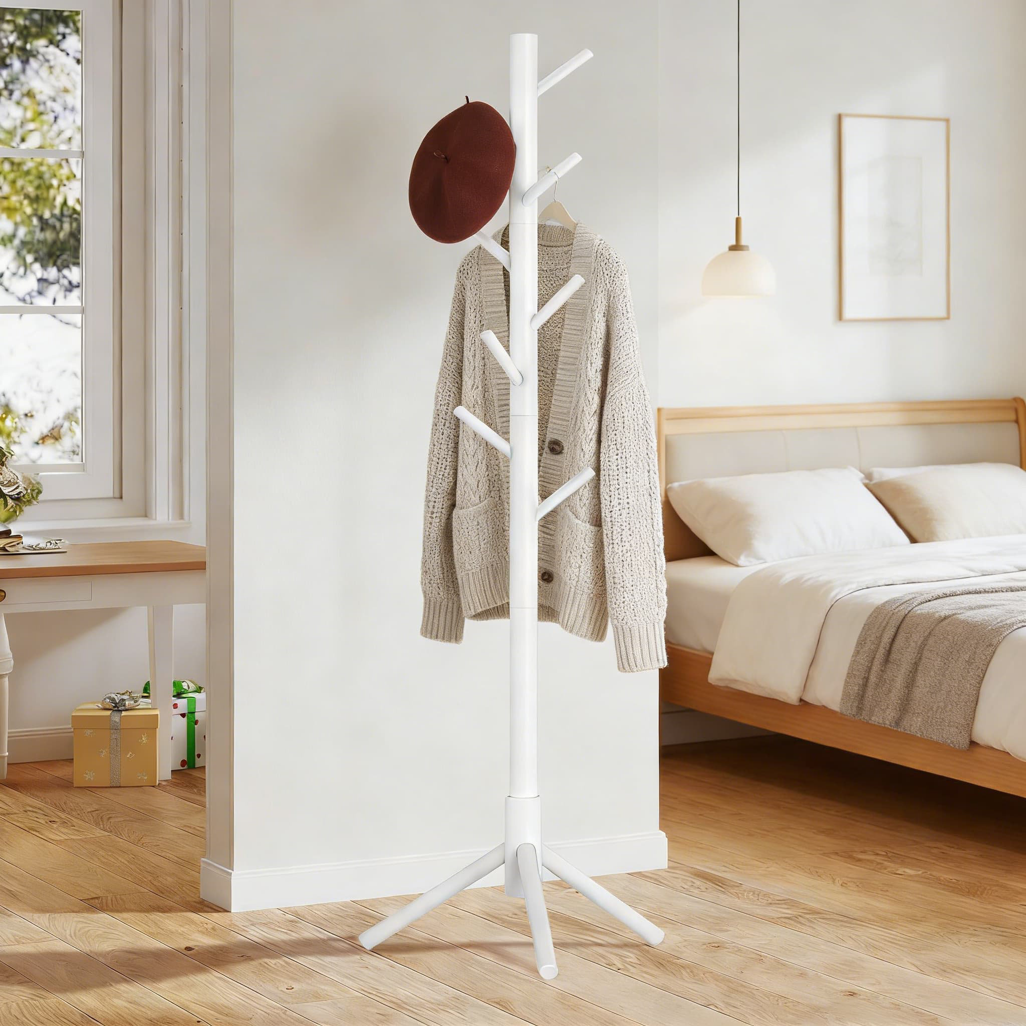 Latitude Run® Freestanding Wooden Coat Rack With 8 Hooks And Adjustable ...