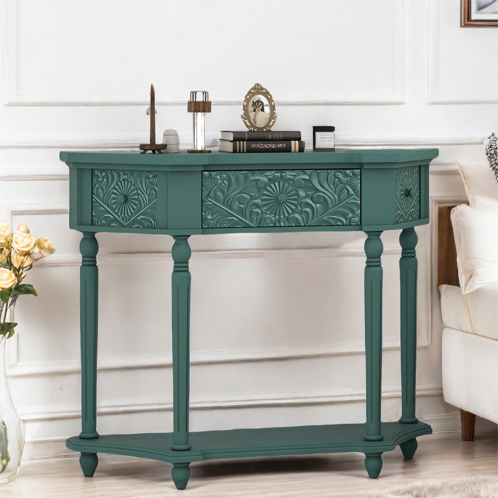 Bungalow Rose Yasuri Console Table with 1 Drawer and Exquisite Carvings ...