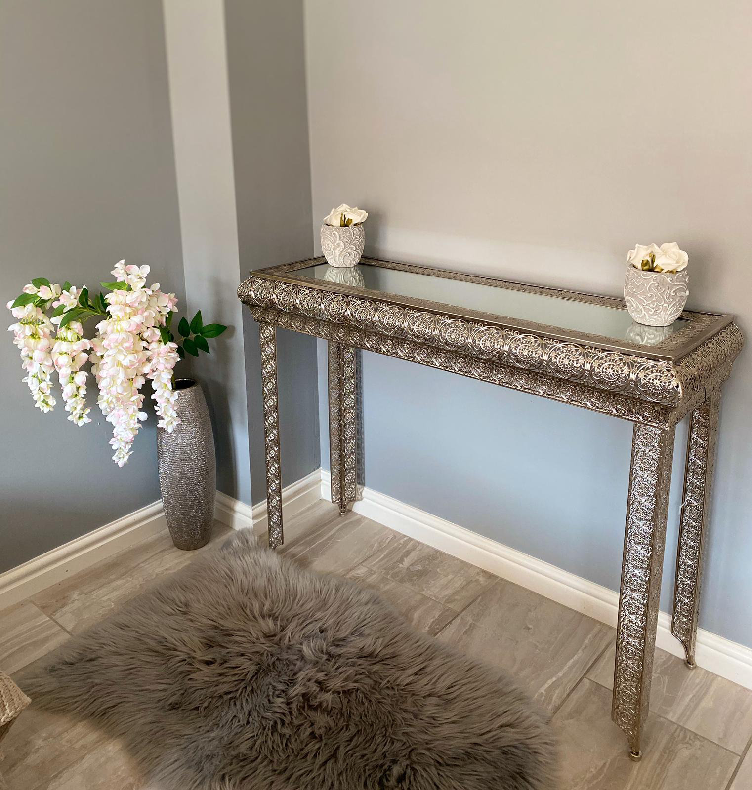 Mercer41 French Silver Embossed Metal & Glass Moroccan Style Console ...