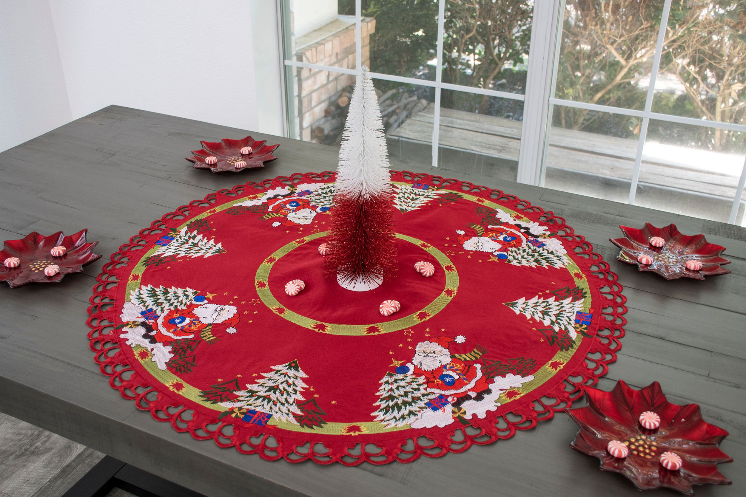 The Holiday Aisle® Joswick Santa Claus Christmas Trees Red Table Topper ...