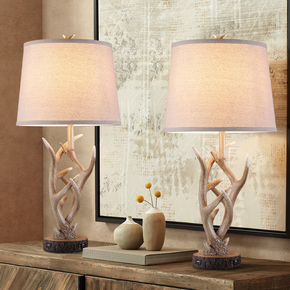 Loon Peak 26" Rustic Farmhouse Resin Antler Table Lamp with USB Ports ...