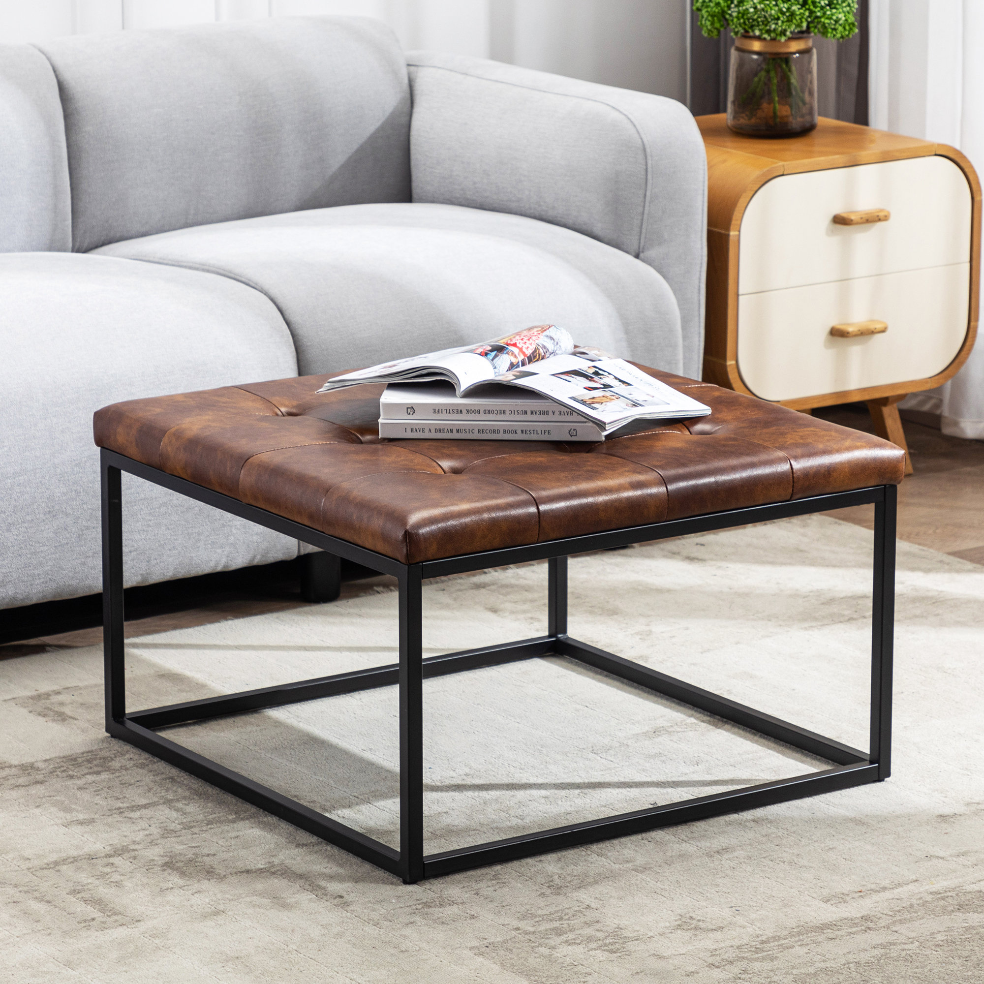 Trent Austin Design Prosperie 28.1" Wide Industrial Square Faux Leather ...