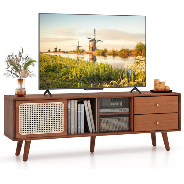 George Oliver Bamboo Tv Stand Console Table With Pe Rattan Door & 2 ...