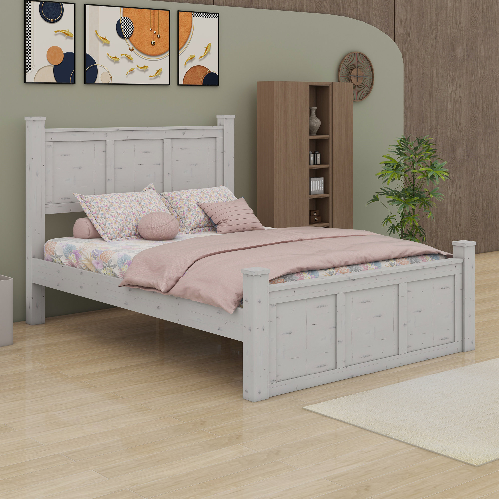 August Grove Farmhouse Style Wood Panel Bed Frame Four Square Poster Bed With Three Storage ...