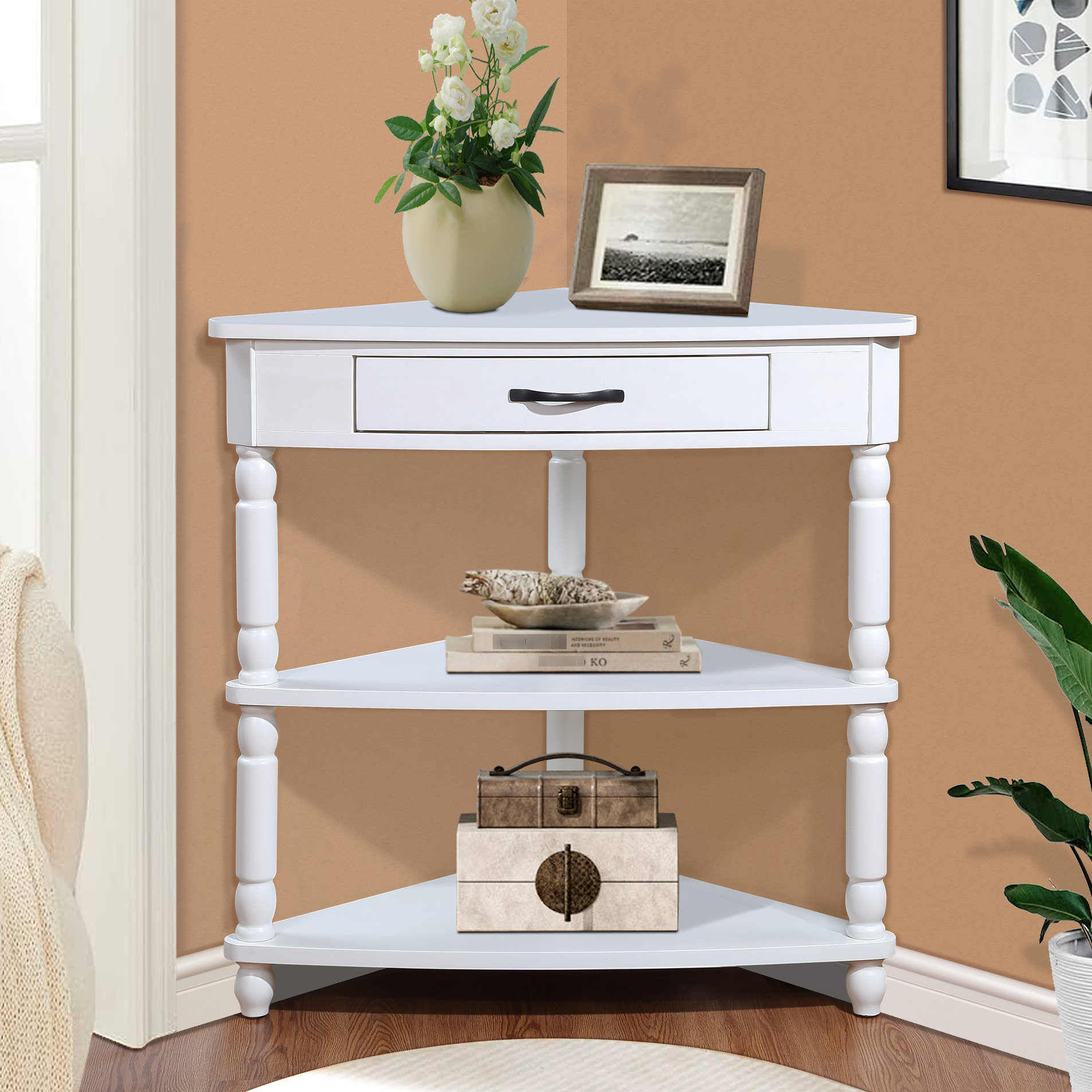 Alcott Hill 3 Tier 33.8'' Triangle Corner Table, Solid Wood Legs, Iron ...