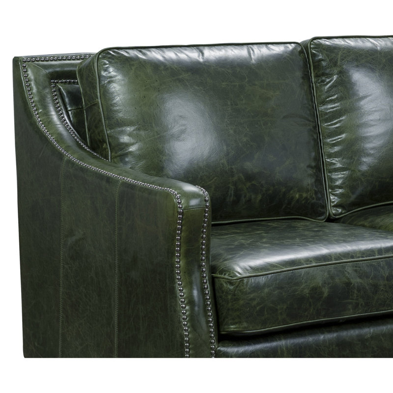 Wildon Home® Asmunn 81” Distressed Green Top Grain Leather Sloped Arm ...