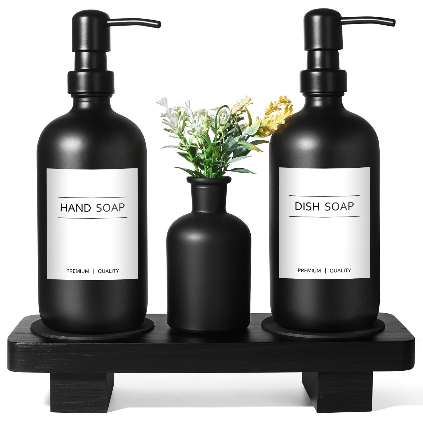 Latitude Run® Kitchen Soap Dispenser Set With Wood Riser Tray, Amber ...