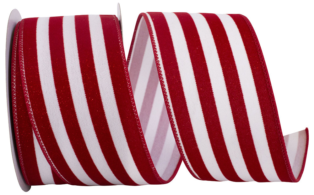 The Holiday Aisle® 2-1/2"X10yd Red/White Striped Grande Velvet Sparkle ...