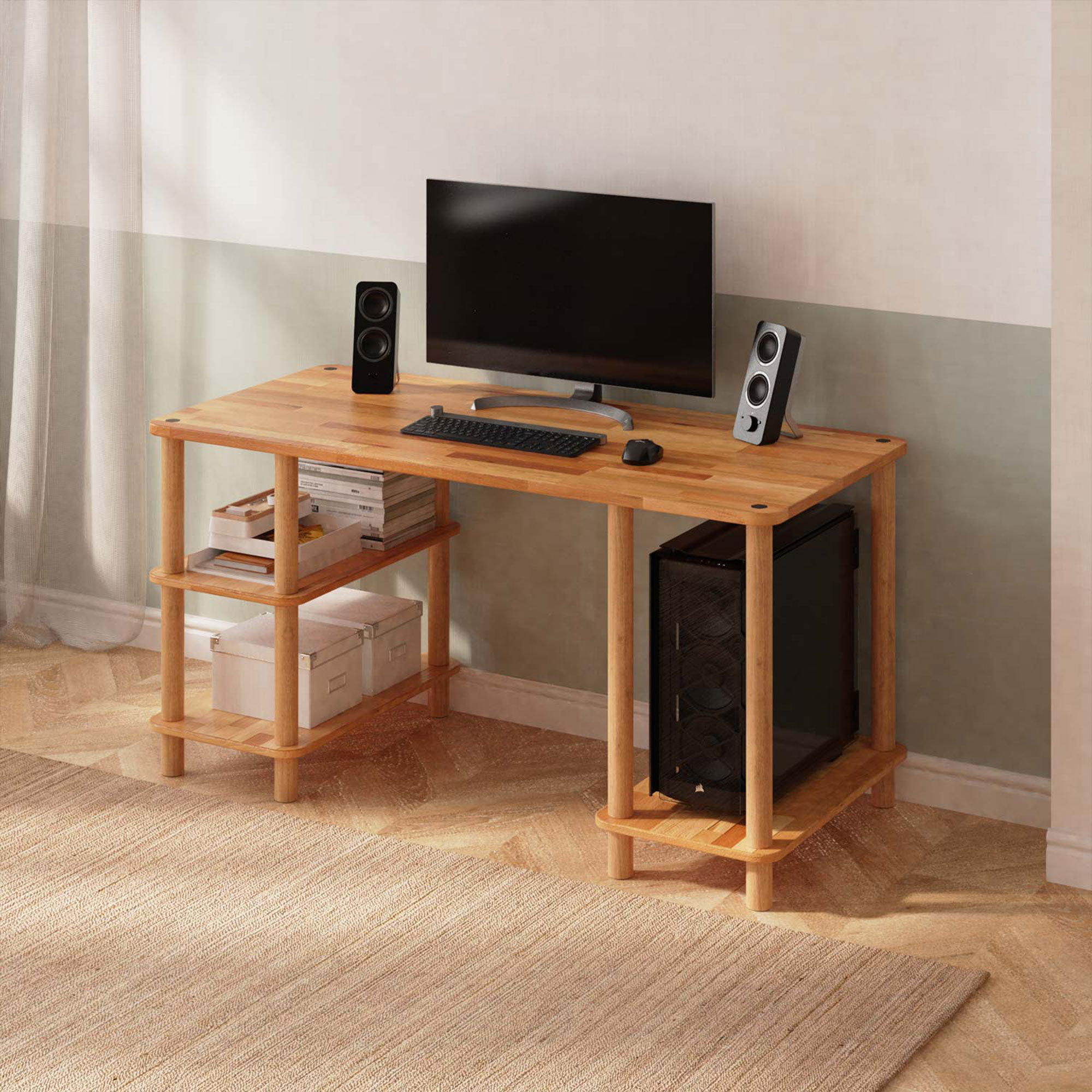 Demontha Porter Solid Wood Computer Desk With Sheves | Wayfair