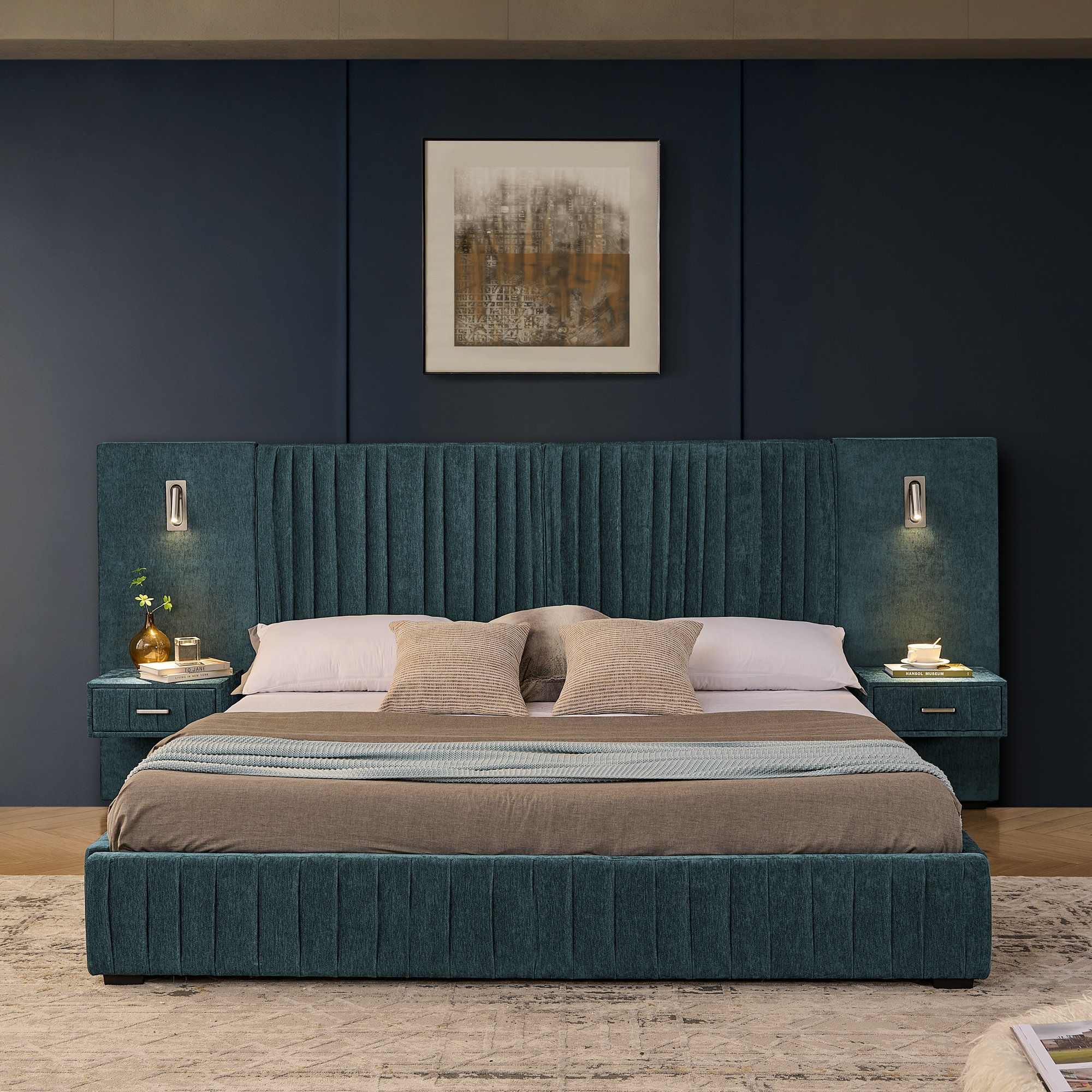 Latitude Run® King Upholstered Chenille Platform Bed with Pleated ...