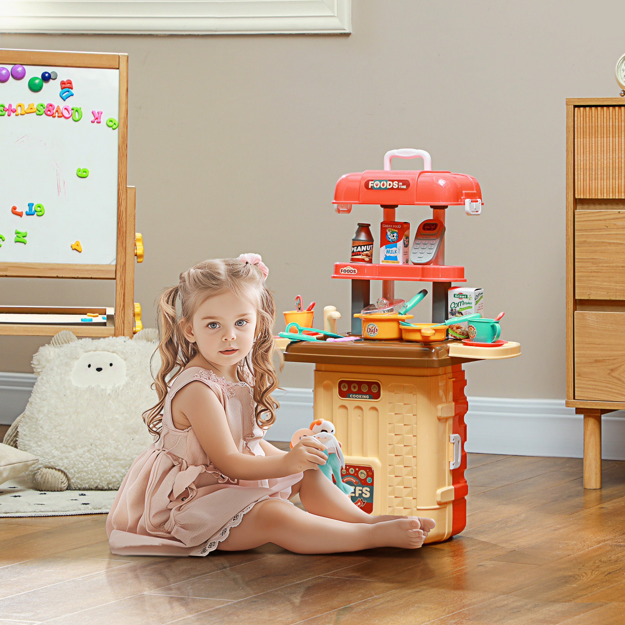 Qaba 3 in 1 Play Kitchen Set, Foldable Pretend Play Toys for 3-6 Years ...