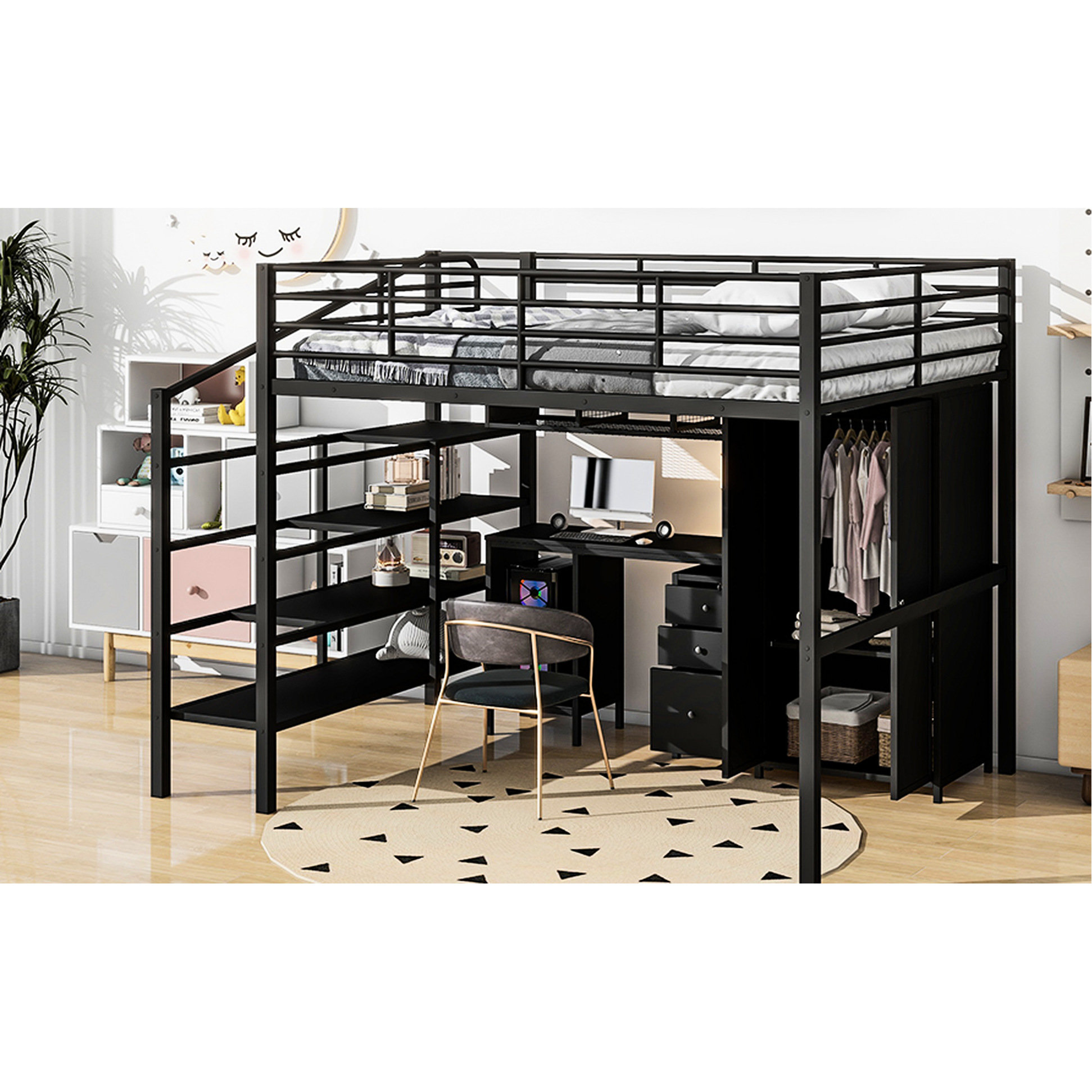 17 Stories Metal Loft Bed With Table And Wardrobe, Full, Black - Design ...