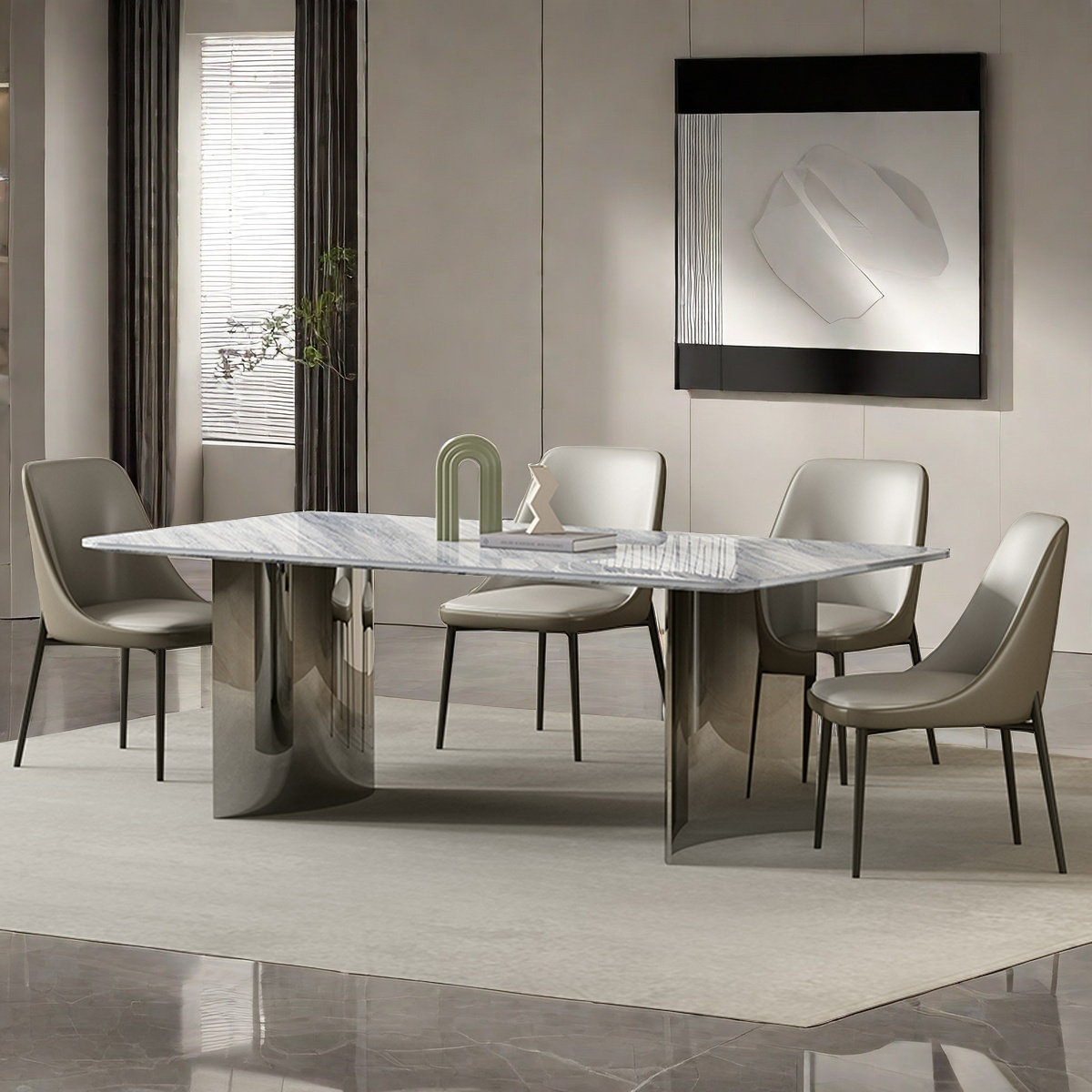 ALLNICEDT Modern Rectangular Natural Marble Dining Table Set | Wayfair