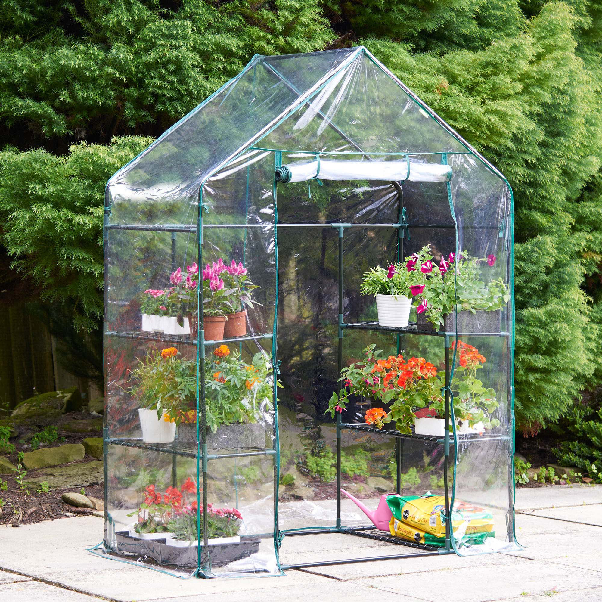 VonHaus Compact Walk In Green House with 6 Shelves and Weatherproof PVC ...