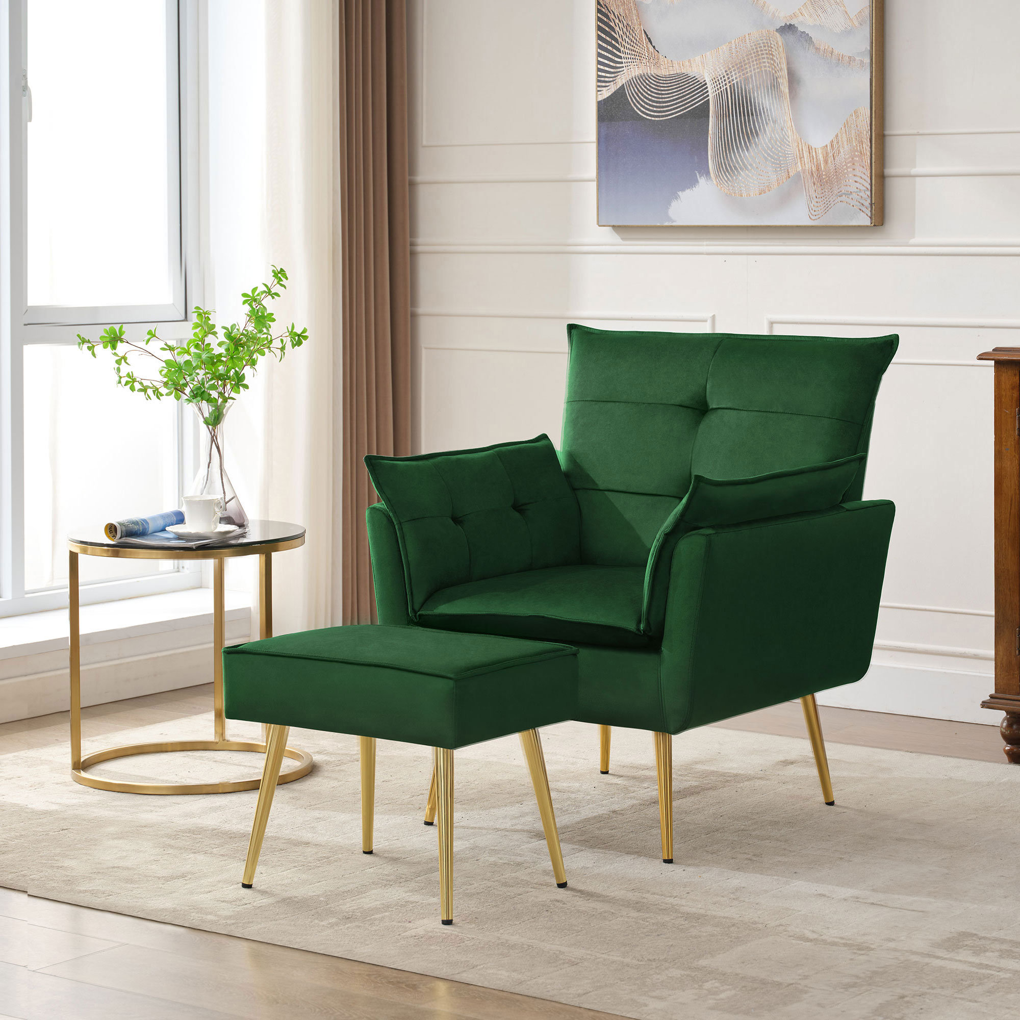 Everly Quinn Vaishal Upholstered Tufted Velvet Armchair with Ottoman ...