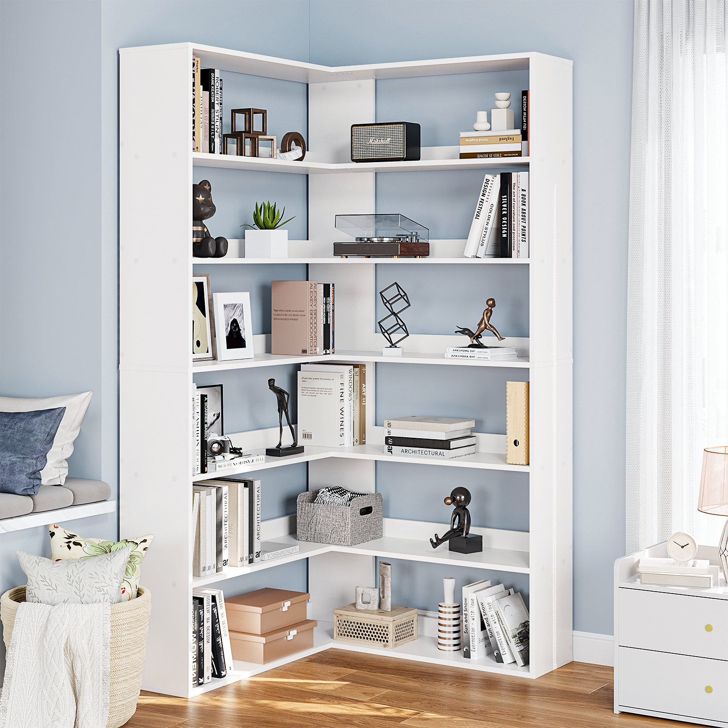 Ebern Designs 6-tier Corner Bookshelf With Baffles, L Shaped Tall Bookcases, 6-tier Bookshelf ...