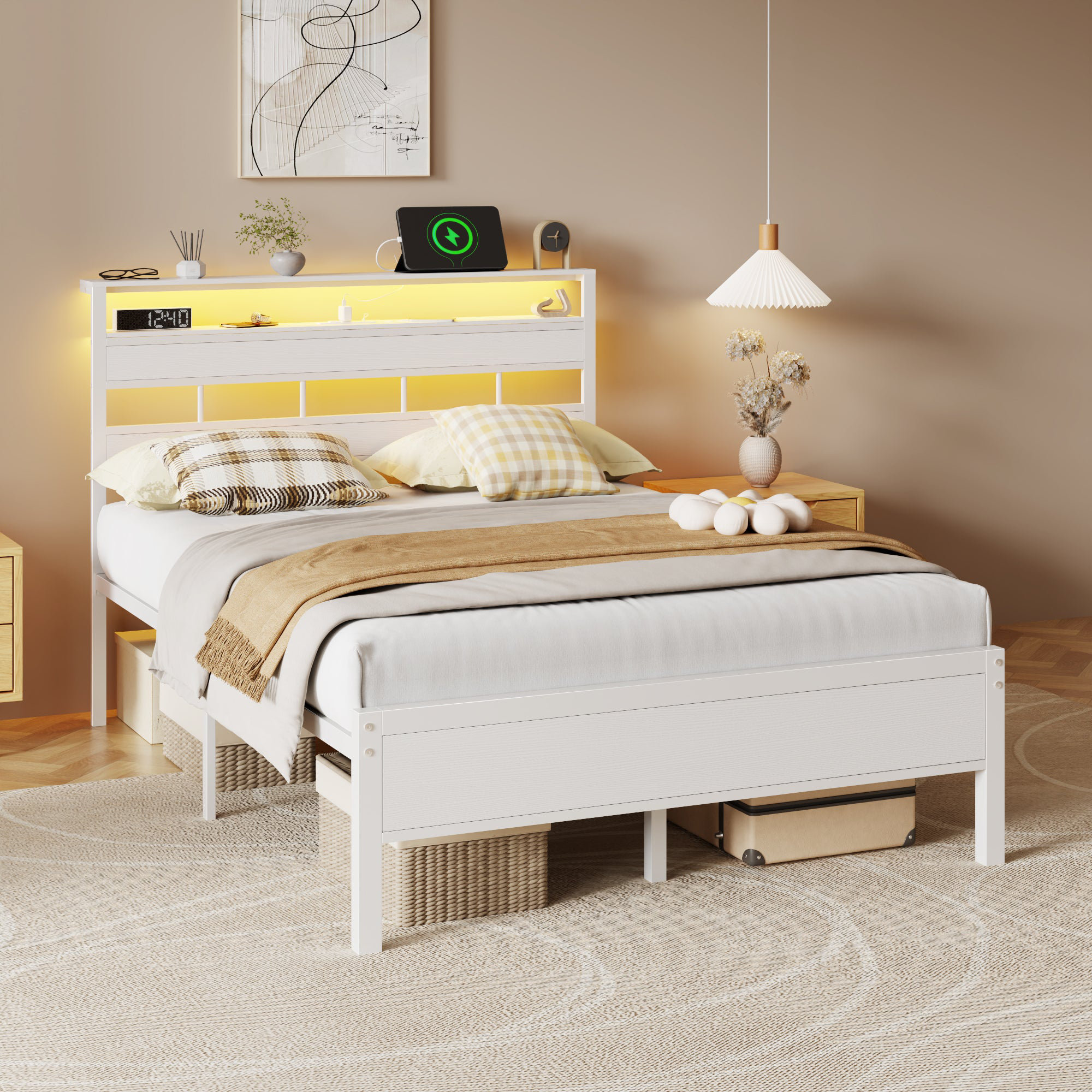 Ebern Designs Metal Platform Gaming Bed Frame with LED Lights, Storage ...