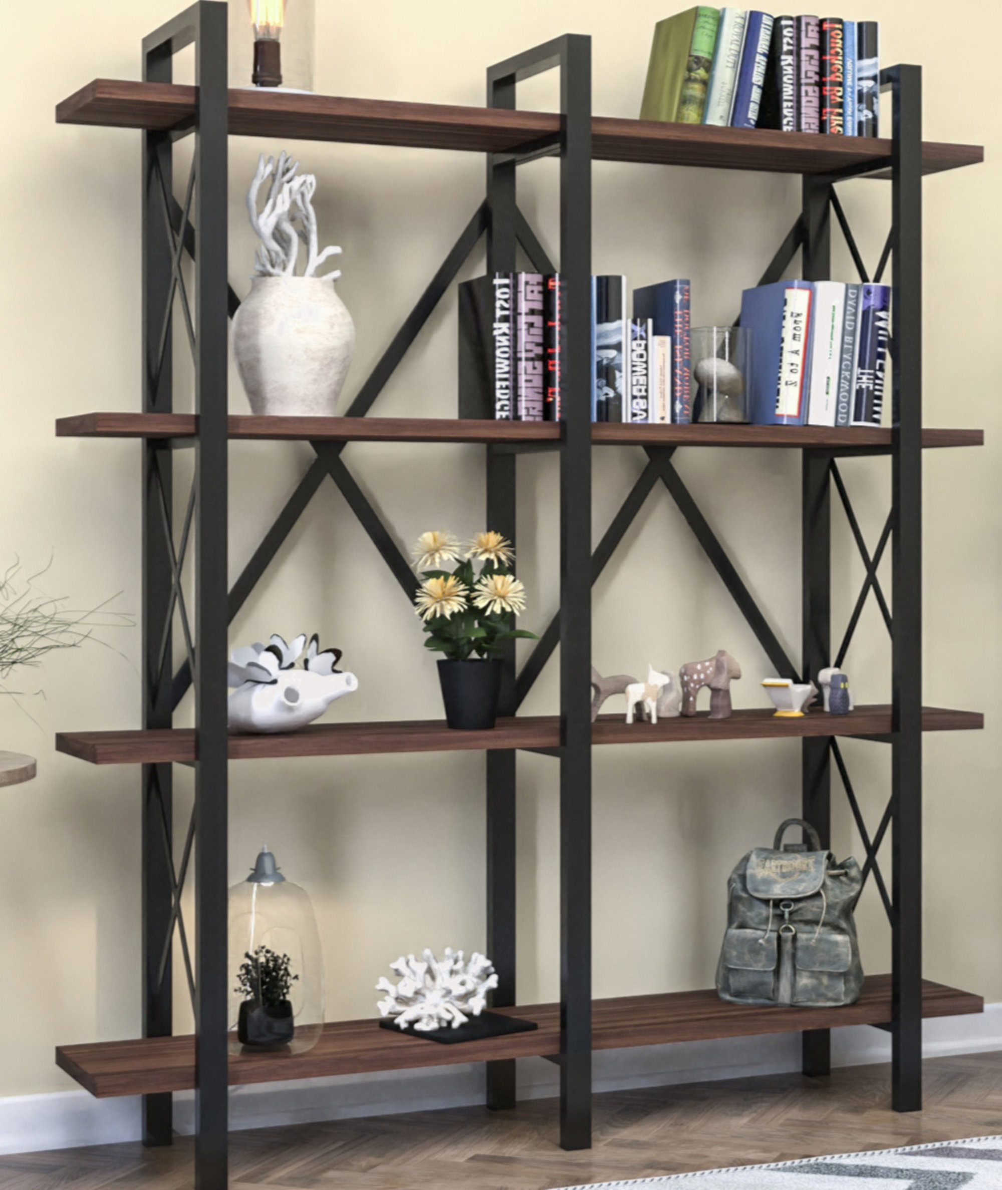17 Stories Cunda 5 Tier Bookcase, Metal Frame Wood Base Bookshelf ...