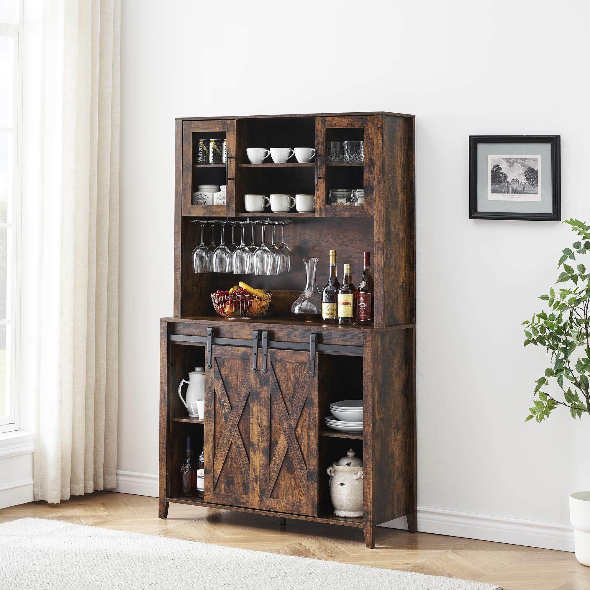 Gracie Oaks 70" Tall Farmhouse Coffee Bar Cabinet With Sliding Barn ...
