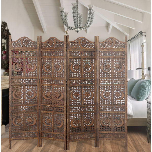 Bloomsbury Market Jarett Carved Sun and Moon 4 Panel 2.3ft Room Divider ...