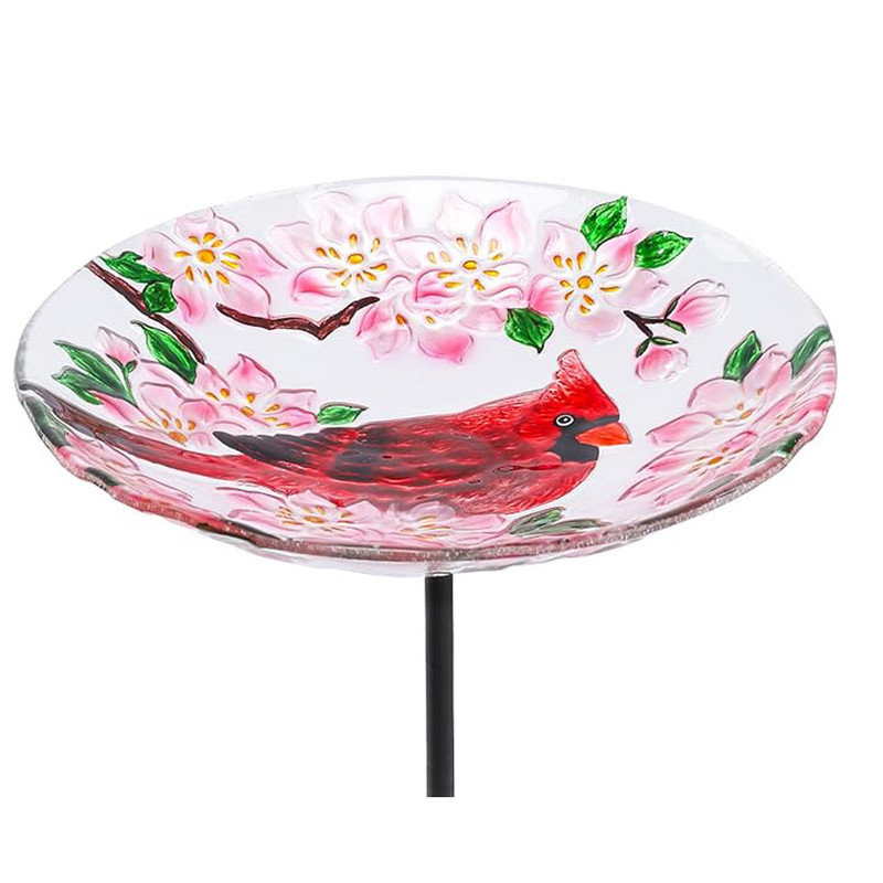 Winston Porter Glass Bird Baths for Outdoors - Cardinal and Flower ...