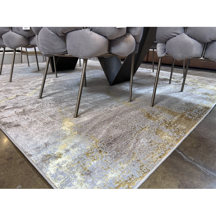17 Stories Abstract Light Beige With Gold Shimmy Metallic Rug Carpet ...