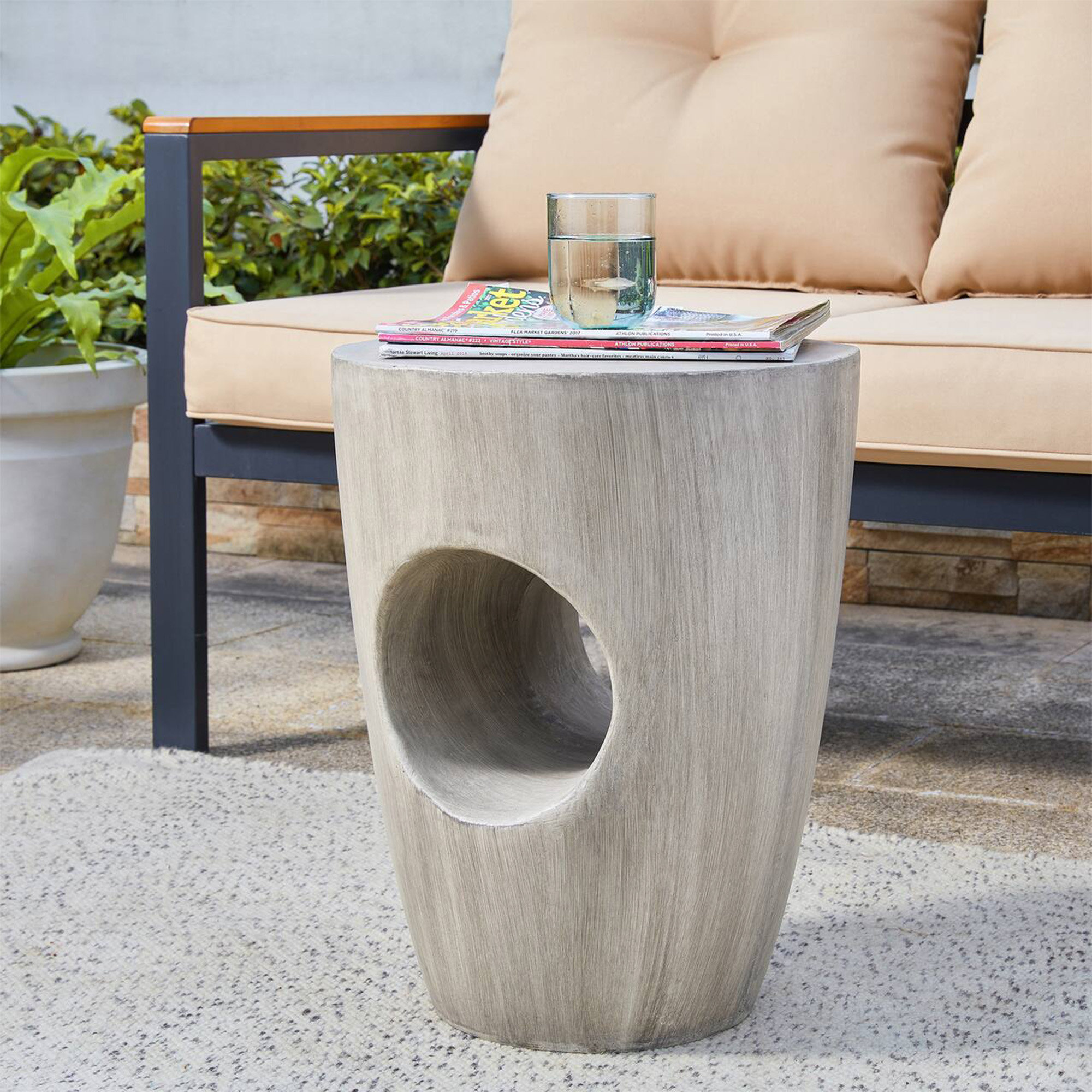 Ebern Designs Hendrex Concrete Side Table with Cut Hole, Outdoor Drum ...