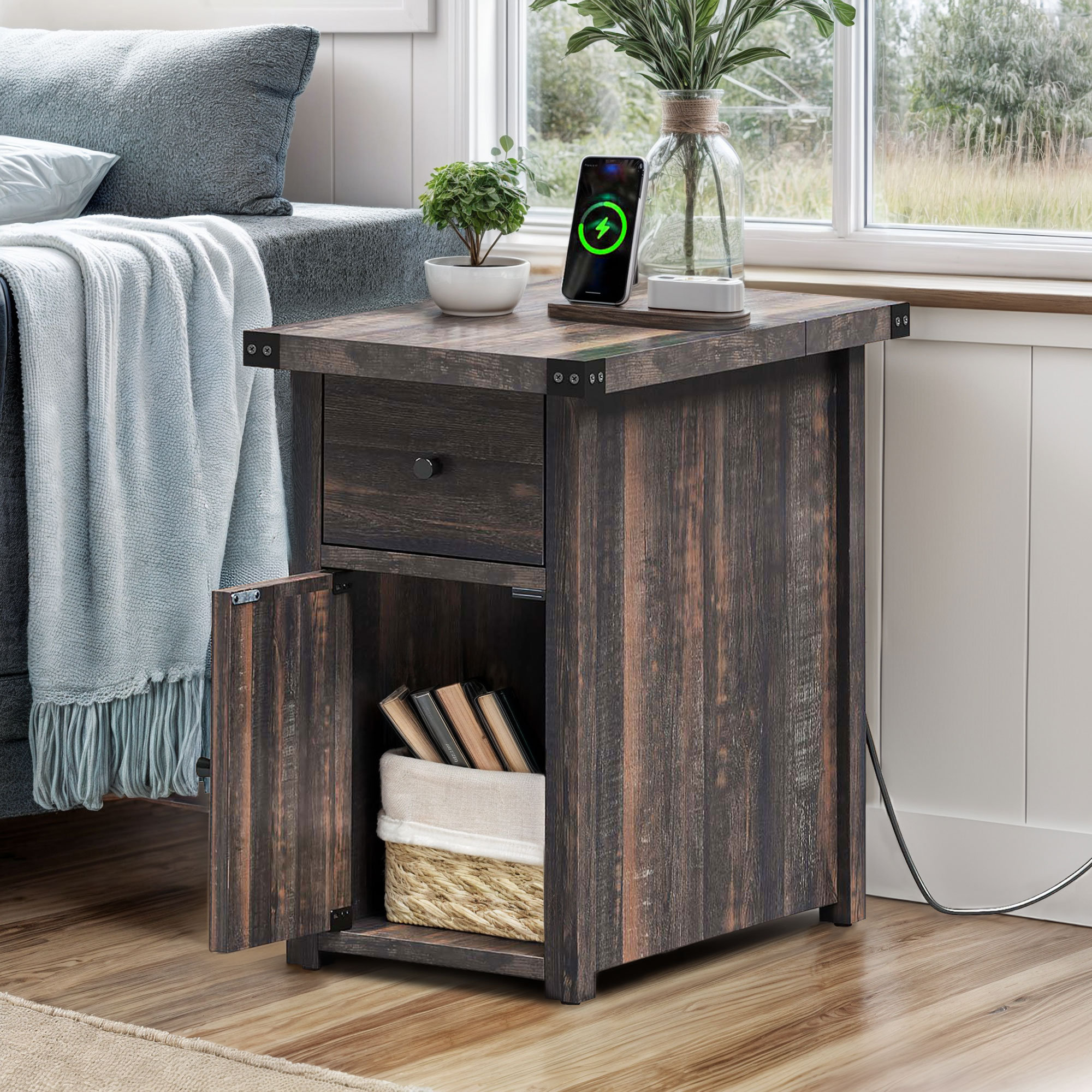 Millwood Pines Dark Rustic Oak End Side Table with Charging Station ...