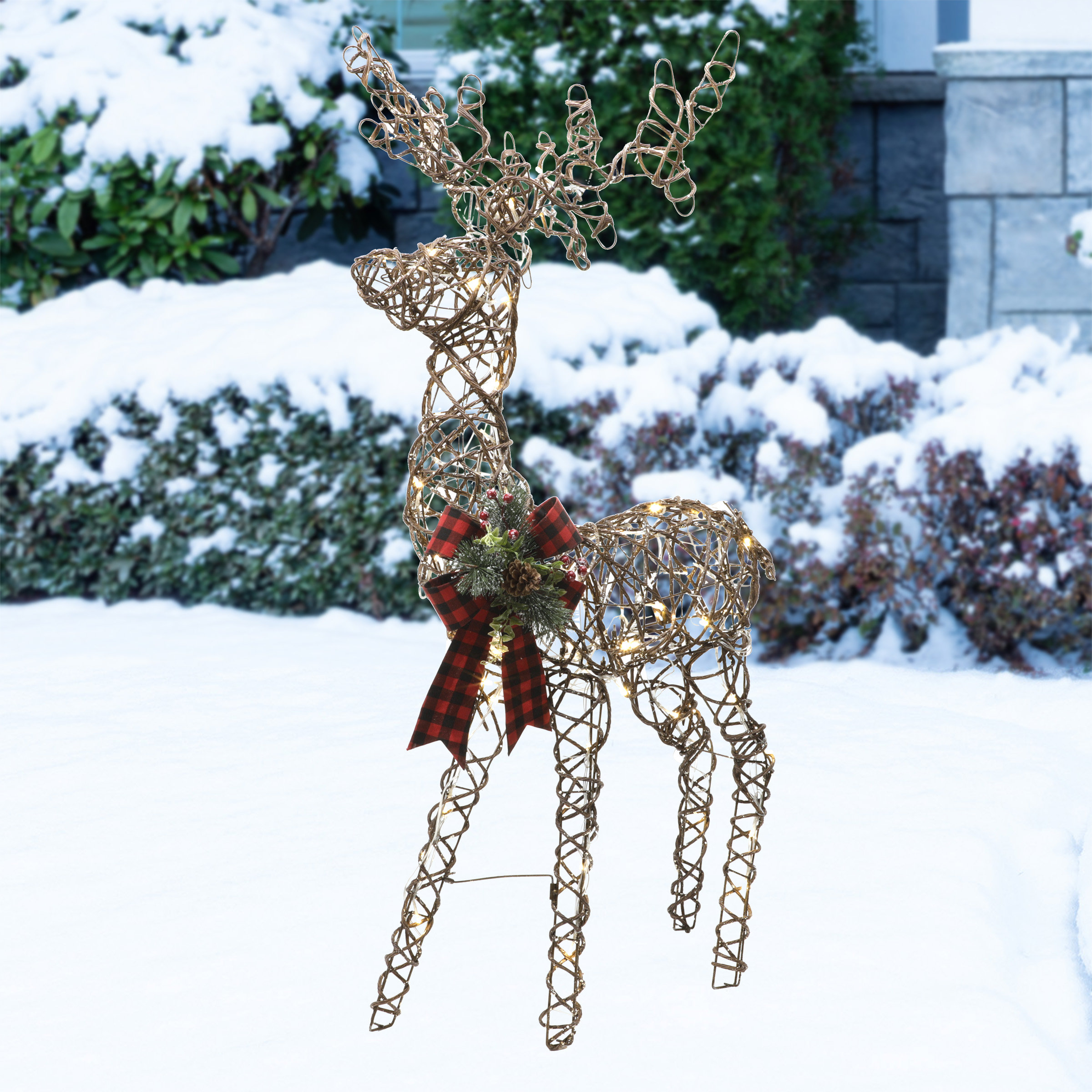 One Allium Way Rattan Standing Reindeer with Bow and LED Lights ...