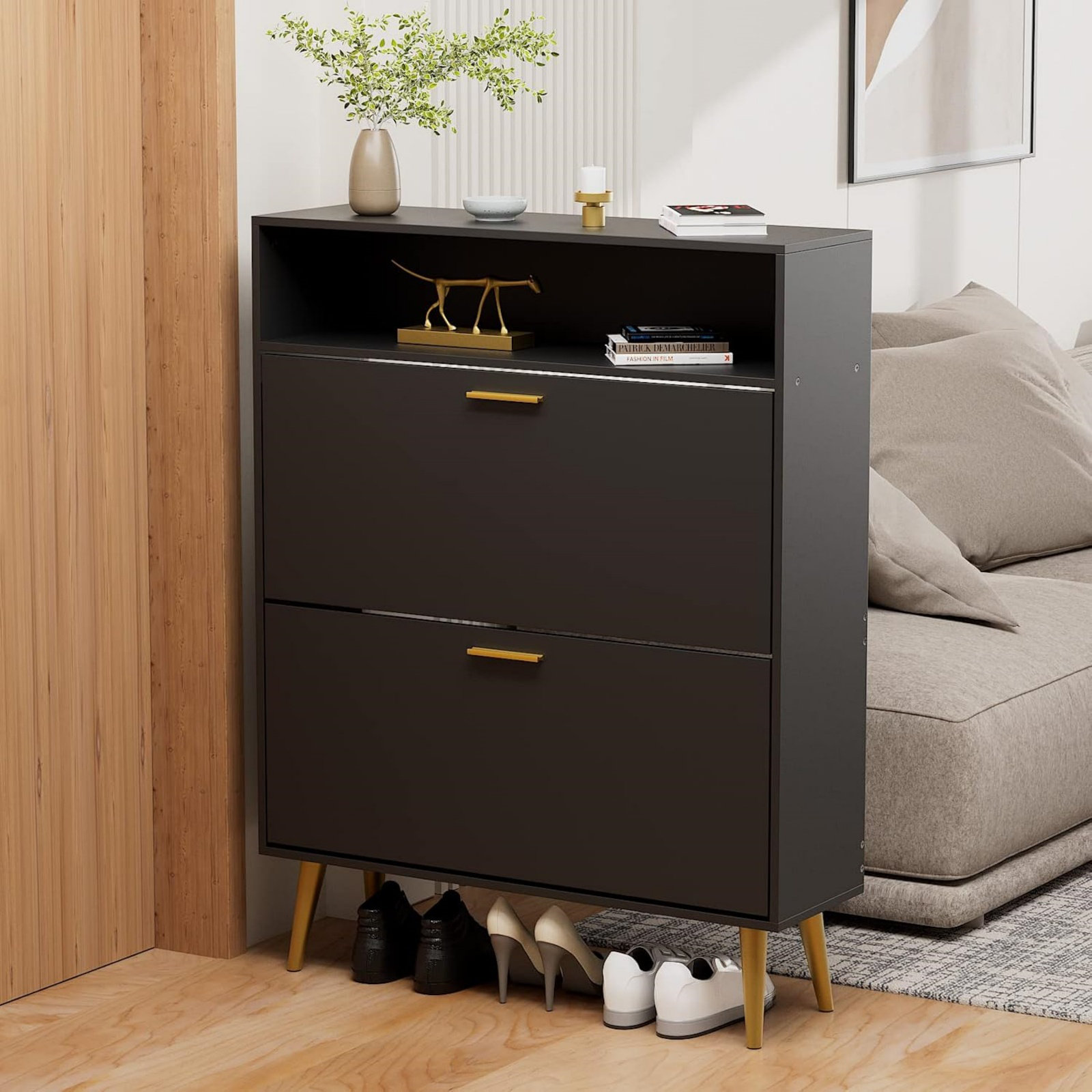 George Oliver Narrow entrance shoe cabinet with 2 flip-up drawers Open ...