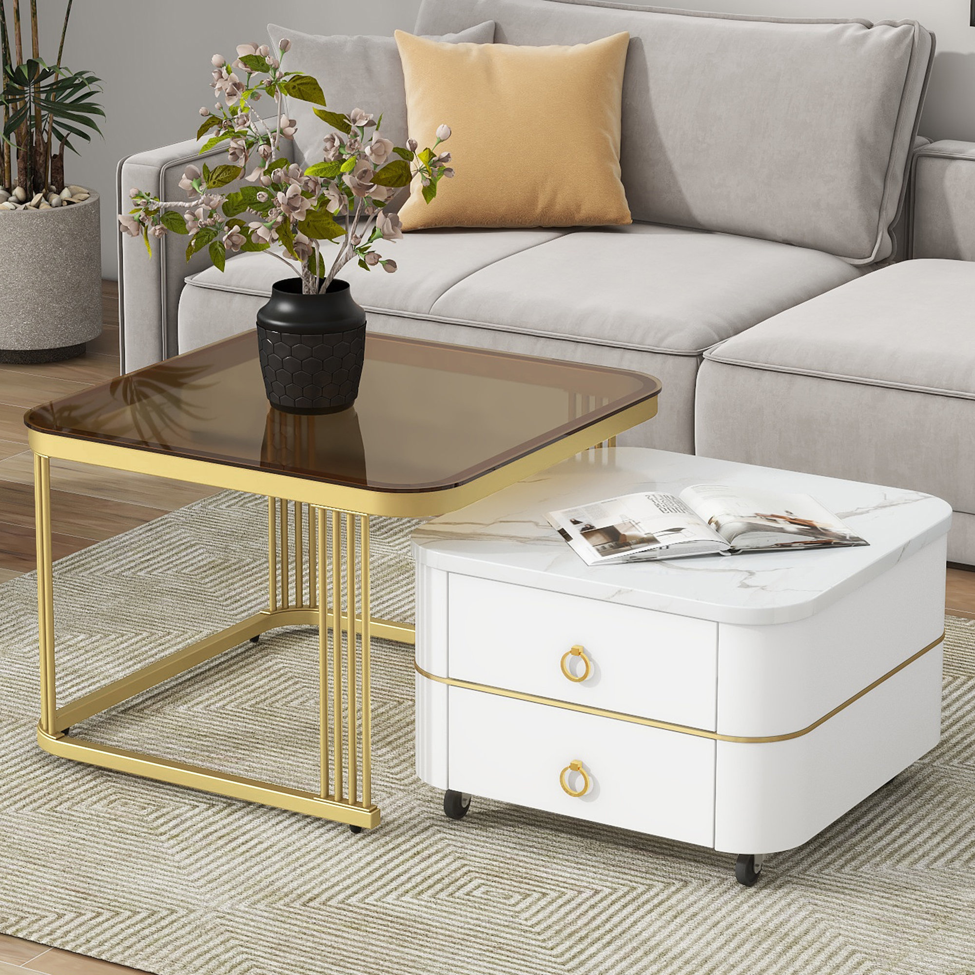 Mercer41 Table basse gigogne carrée 2-en-1 avec roues et tiroirs, table ...