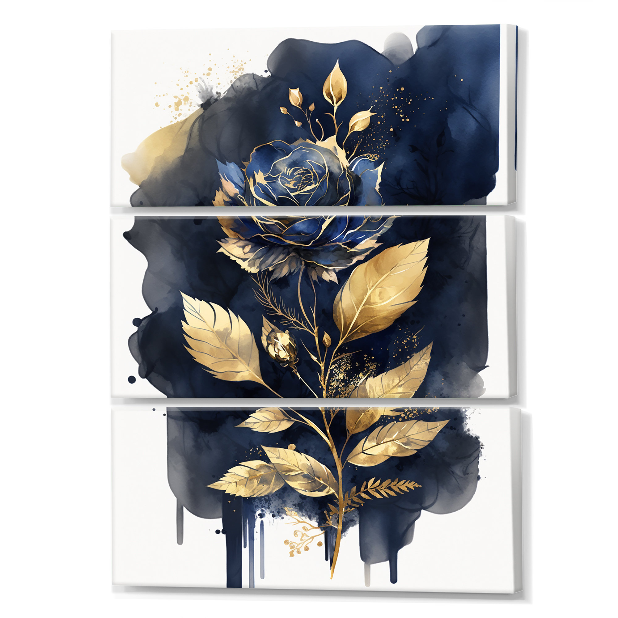 Design Art Blue And Gold Painted Rose On White III - Floral Rose Canvas ...