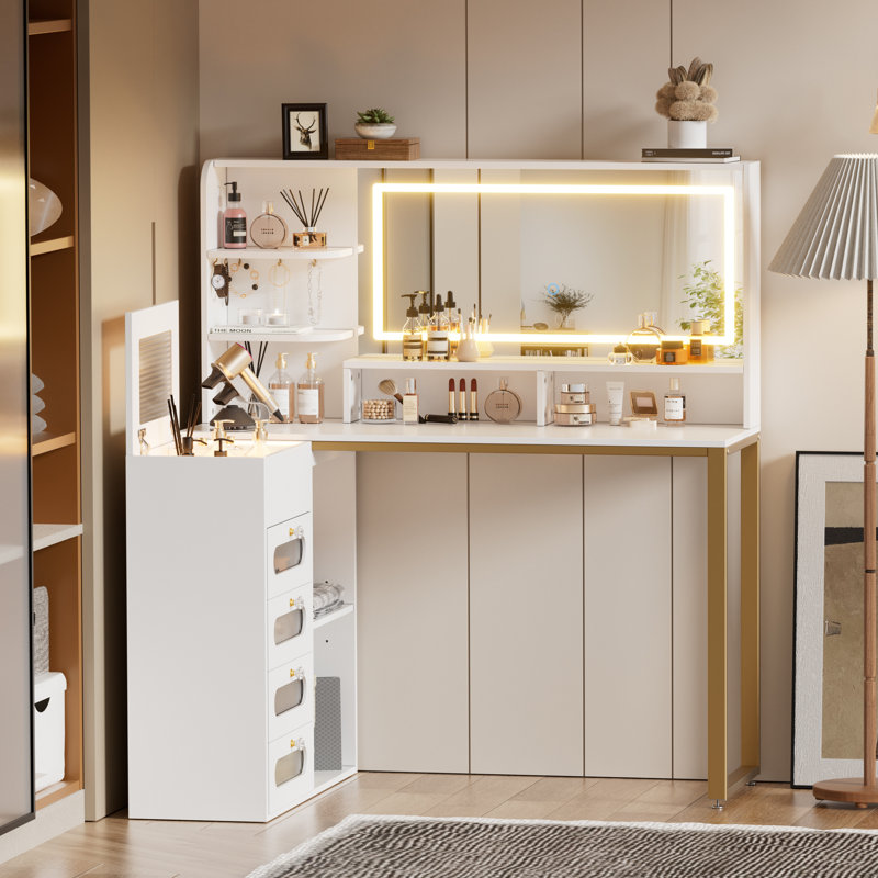 Mercer41 Vanity Desk With Mirror And Lights, Corner Makeup Vanity L ...