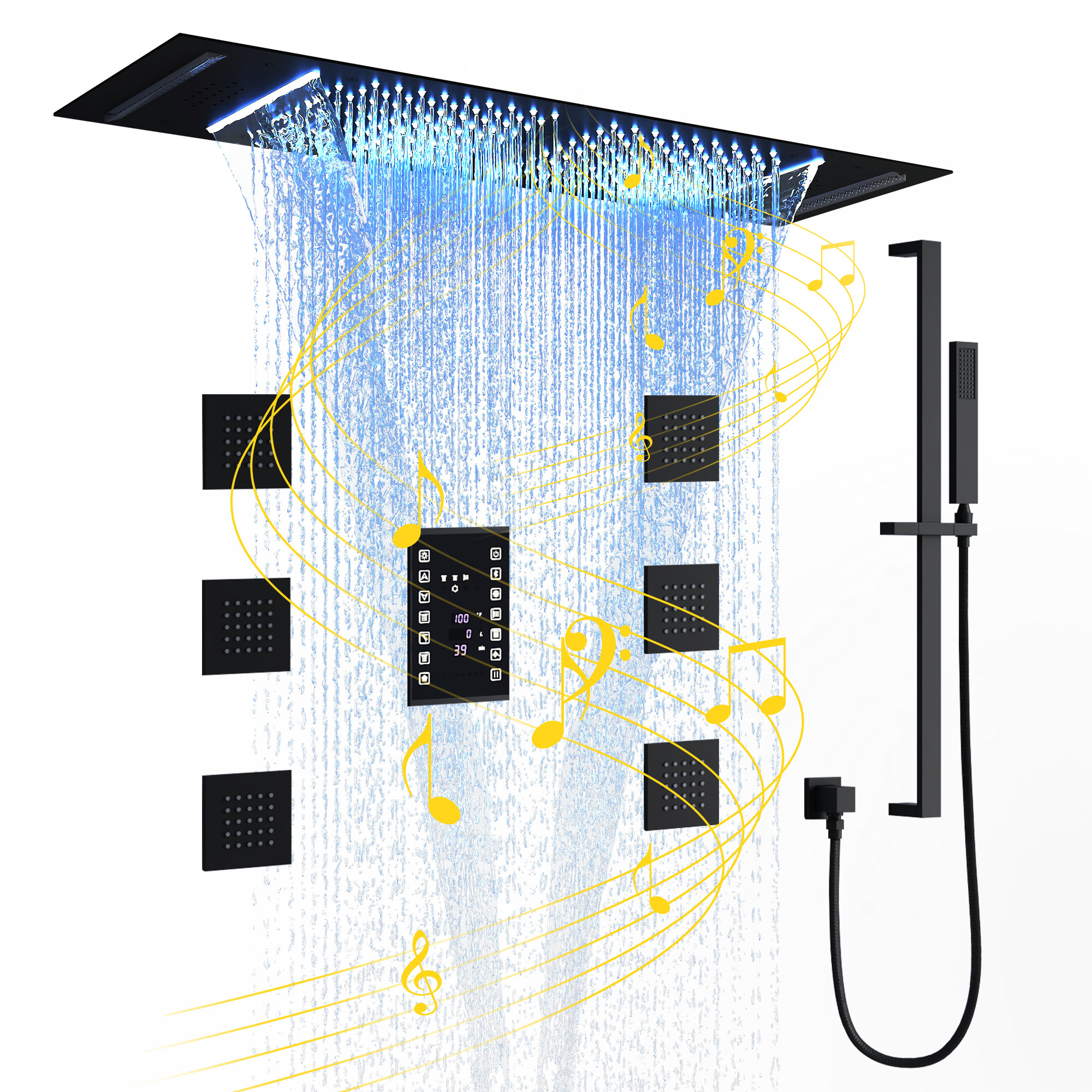 CASAINC 35”L x 12”W Flush-Mount LED Bluetooth Music Rainfall Shower ...