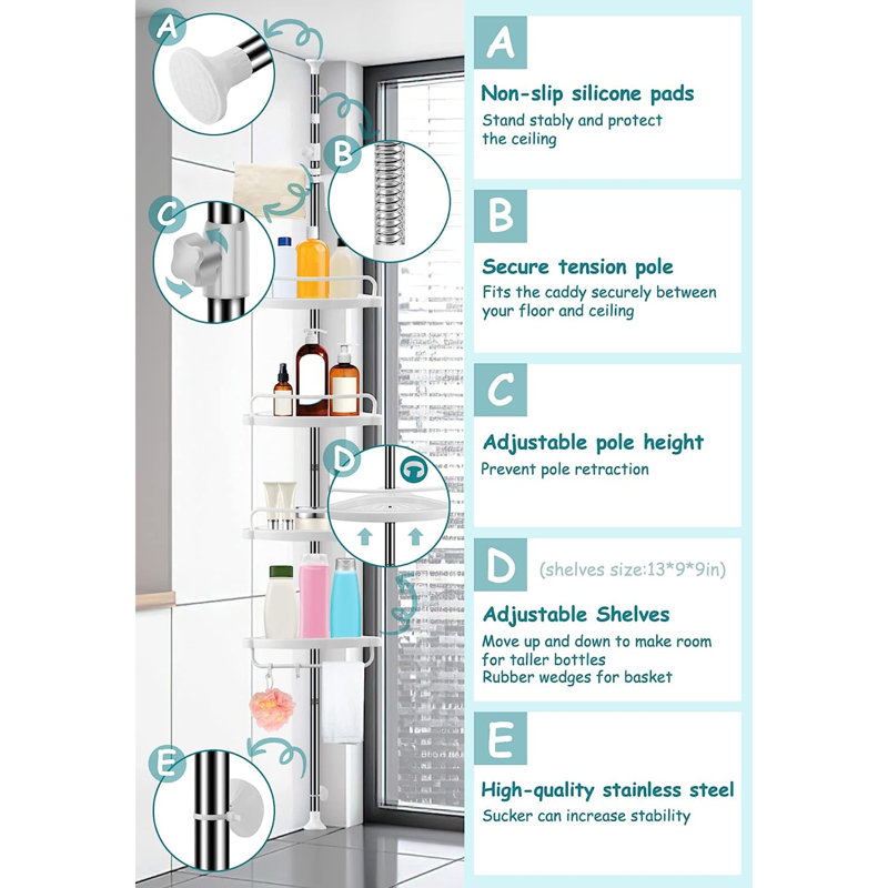 Rebrilliant Colchester Tension Pole Stainless Steel Shower Caddy | Wayfair
