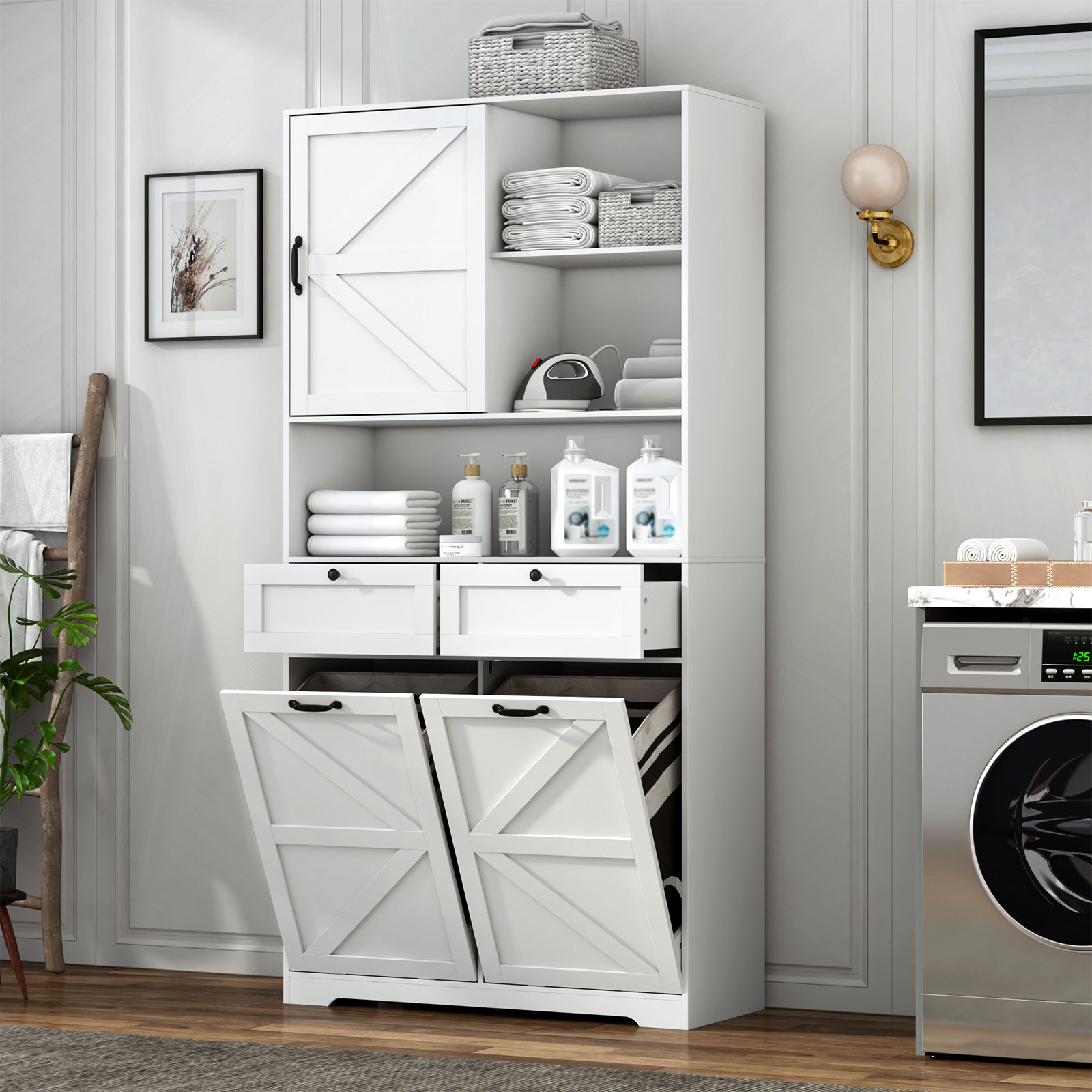 Rebrilliant 78.7"H Farmhouse Sliding Barn Door Laundry Cabinet Hamper ...
