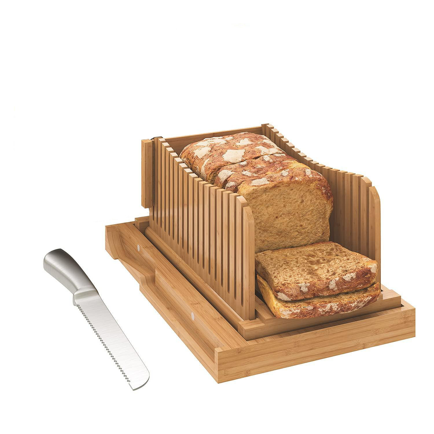 FEIYAN Bamboo Bread Slicer With Serrated Knife, Adjustable Bread Slicer ...