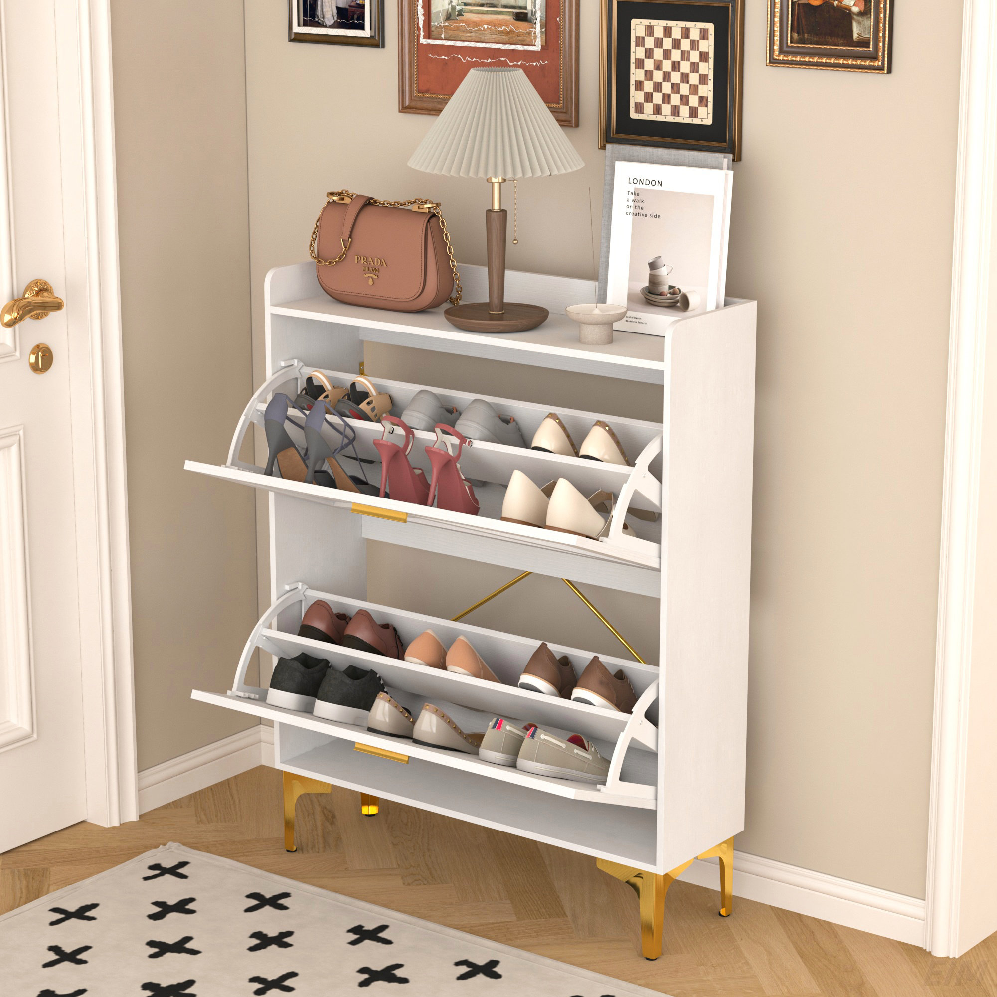 George Oliver Shoe Cabinet With 2 Flip Drawers& Open Shelves,Modern ...