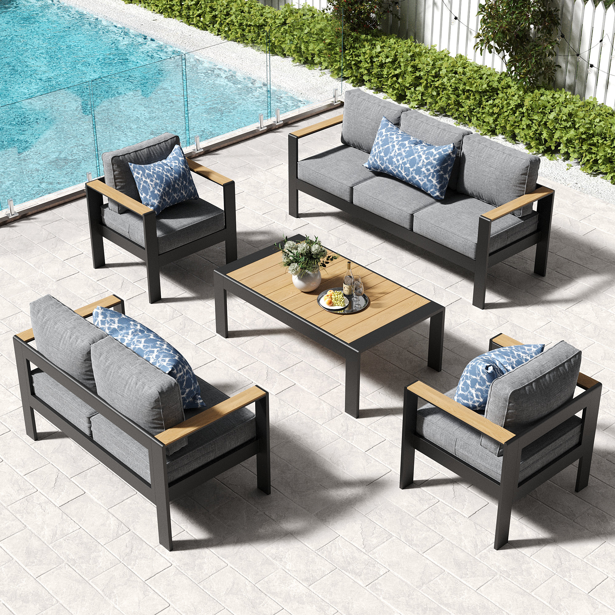 Latitude Run® Outdoor Aluminum Furniture Set with Coffee Table, Modern ...