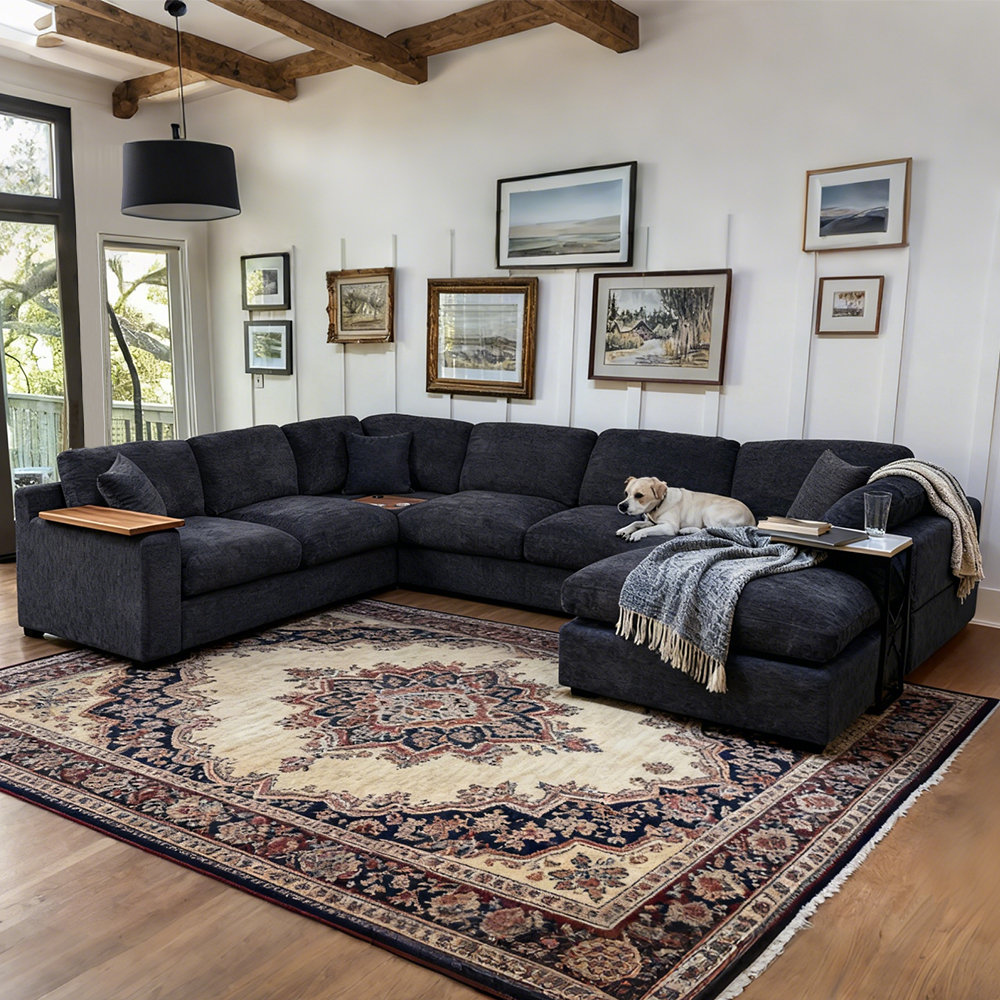 Hokku Designs 128" Corner Sectional Sofa With Chaise, Cupholders ...