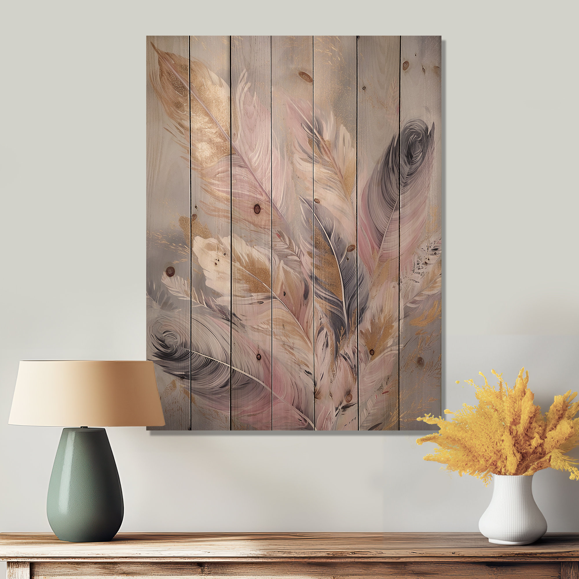 Design Art Pink Feather Wanderlust - Floral Wood Wall Decor | Wayfair